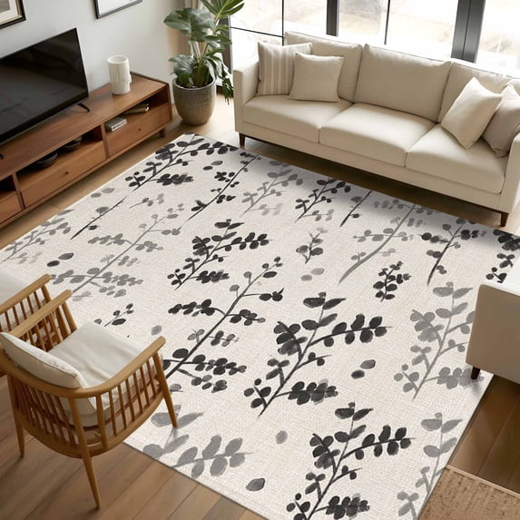 5x7 Area Rugs, Black Grey Botanical Non-Skid Rubber Backing Large ...