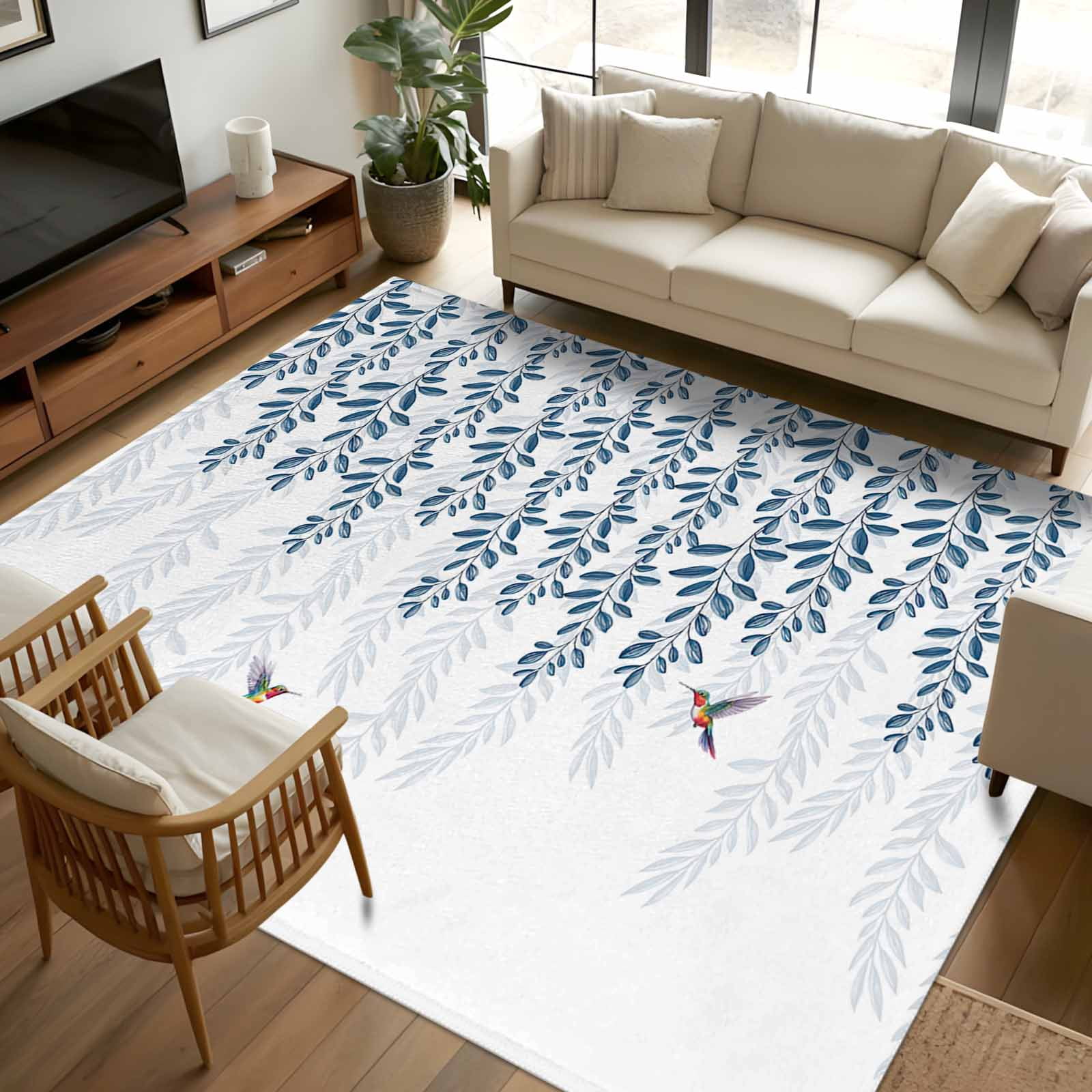5x7 Area Rugs, Blue Botanical Non-Skid Rubber Backing Large Rectangle ...