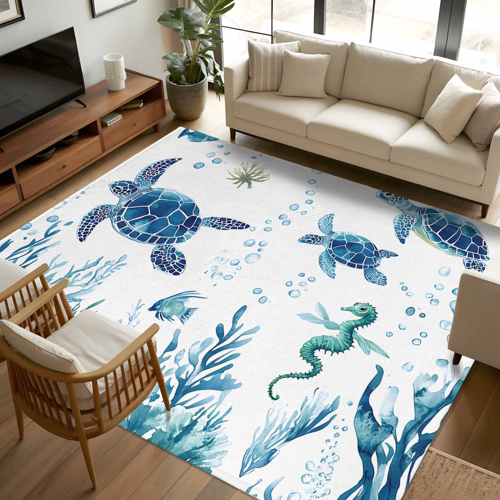 5x7 Area Rugs, Blue Green Sea Turtle Non-Skid Rubber Backing Large ...