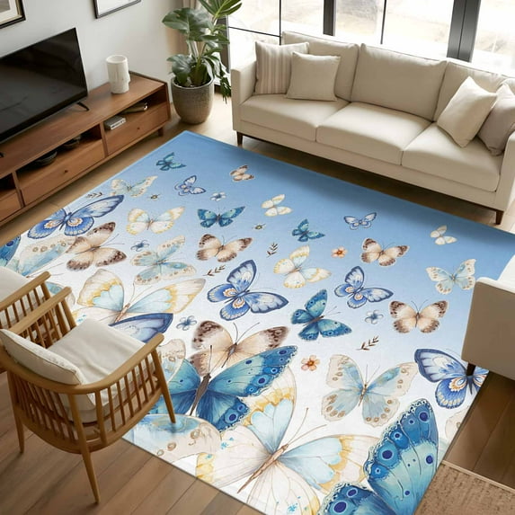 5x7 Area Rugs, Blue Ombre Butterfly Non-Skid Rubber Backing Large ...