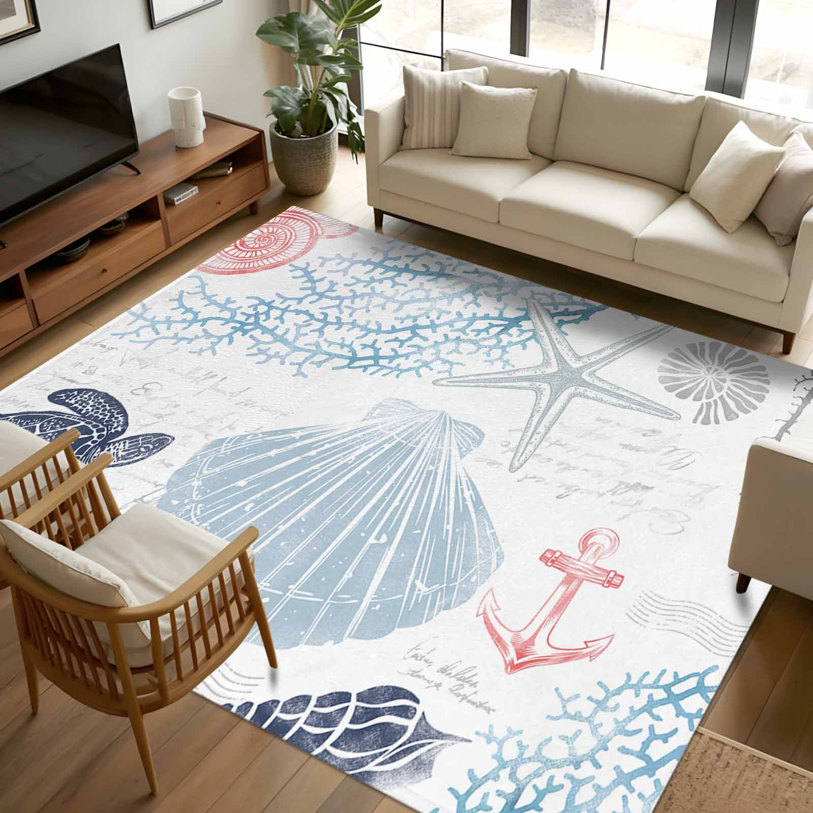 5x7 Area Rugs, Blue Red Coastal Nautical Non-Skid Rubber Backing Large ...
