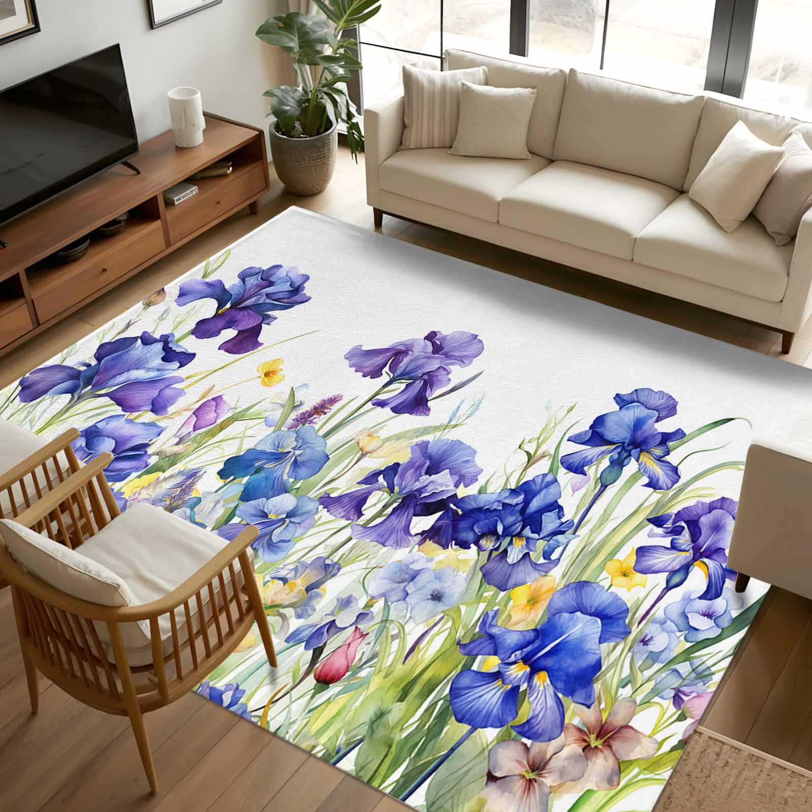 5x7 Area Rugs, Blue Spring Floral Non-Skid Rubber Backing Large ...