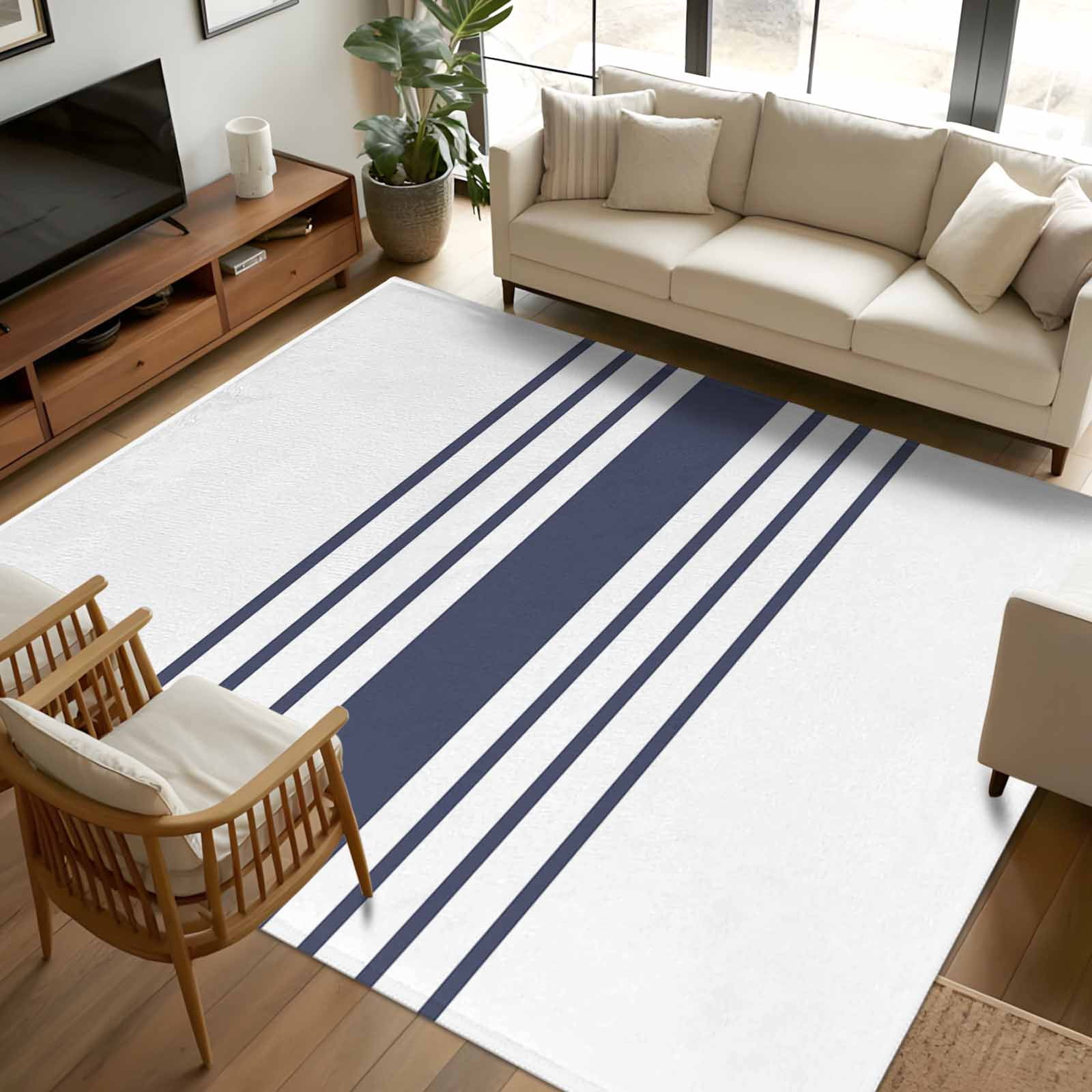 5x7 Area Rugs, Blue Vertical Striped Non-Skid Rubber Backing Large ...