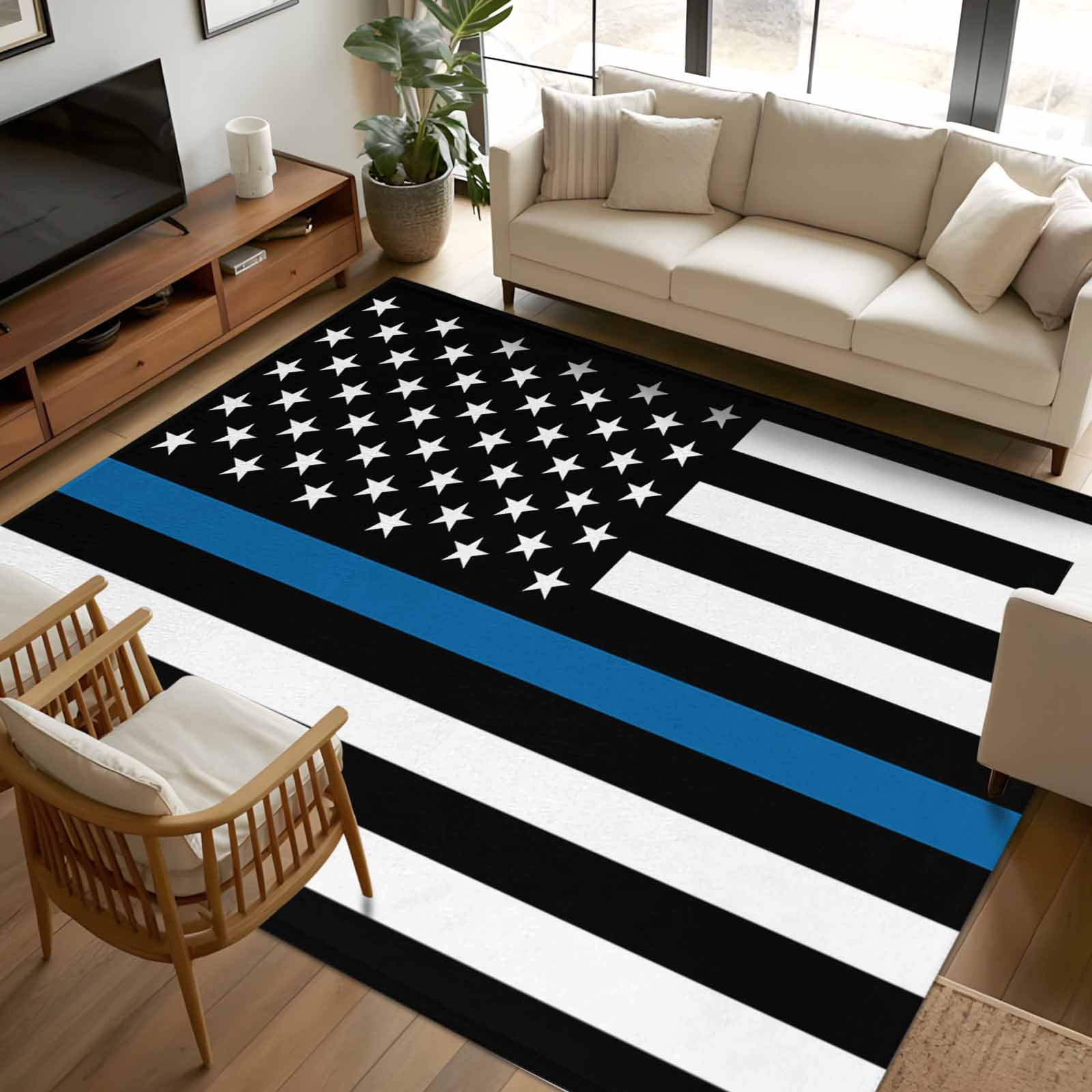 5x7 Area Rugs, Blue White American Police Flag Non-Skid Rubber Backing ...