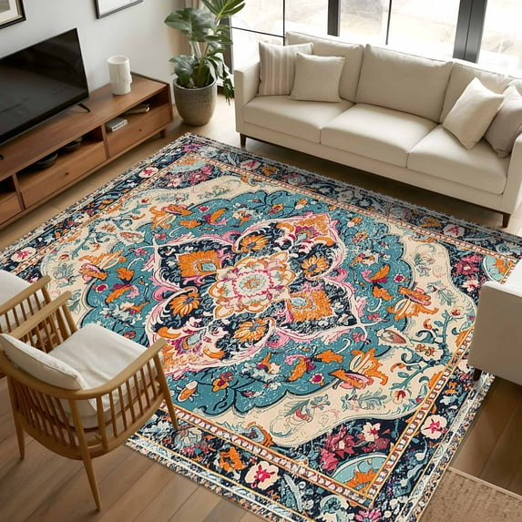 5x7 Area Rugs, Boho Colorful Non-Skid Rubber Backing Large Rectangle ...