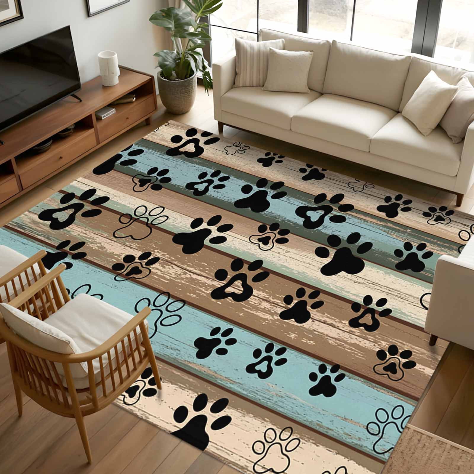 5x7 Area Rugs, Brown Green Paw Print Non-Skid Rubber Backing Large ...