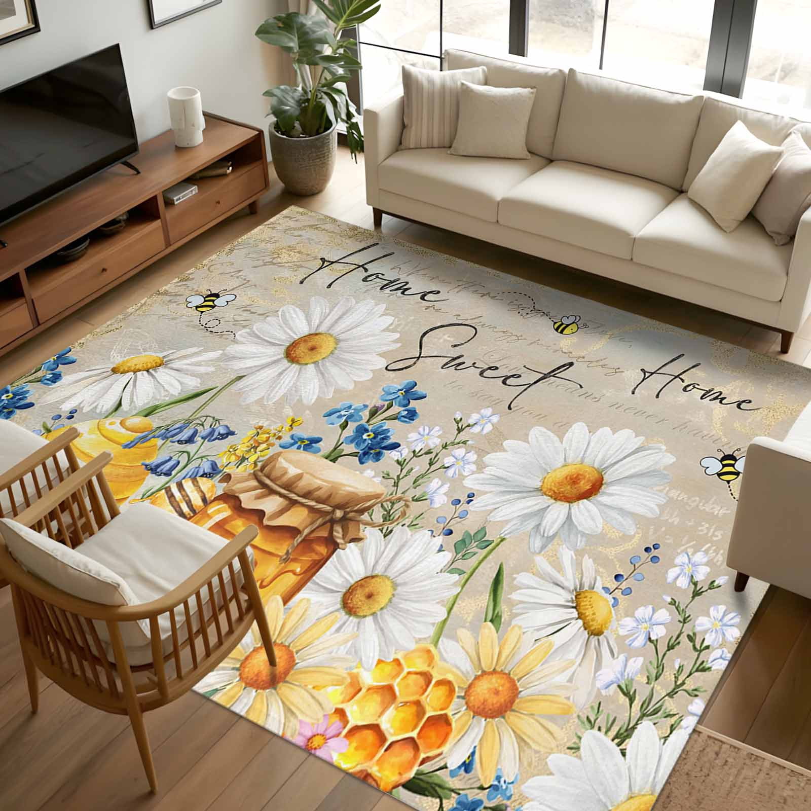 5x7 Area Rugs, Daisy Spring Floral Non-Skid Rubber Backing Large ...