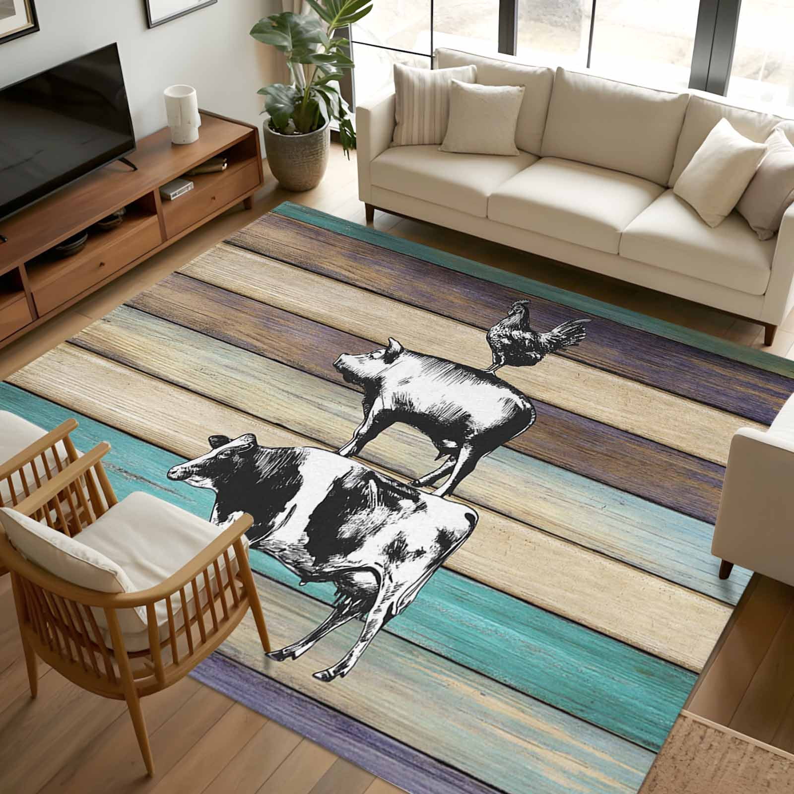 5x7 Area Rugs, Farmhouse Animals Non-Skid Rubber Backing Large ...