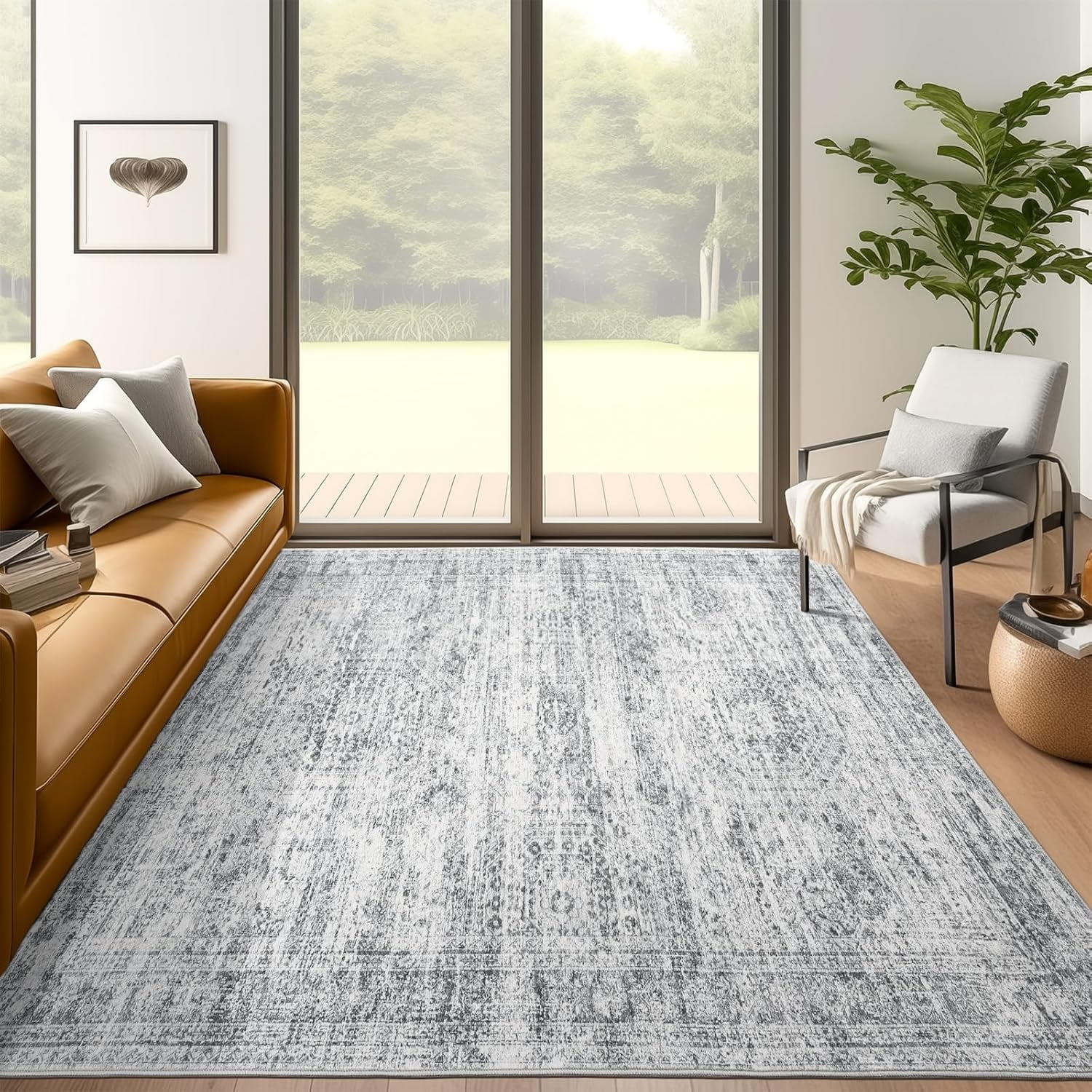 5x7 Area Rugs Gray Low Pile Indoor Washable Trendy Faded Style Rugs for ...