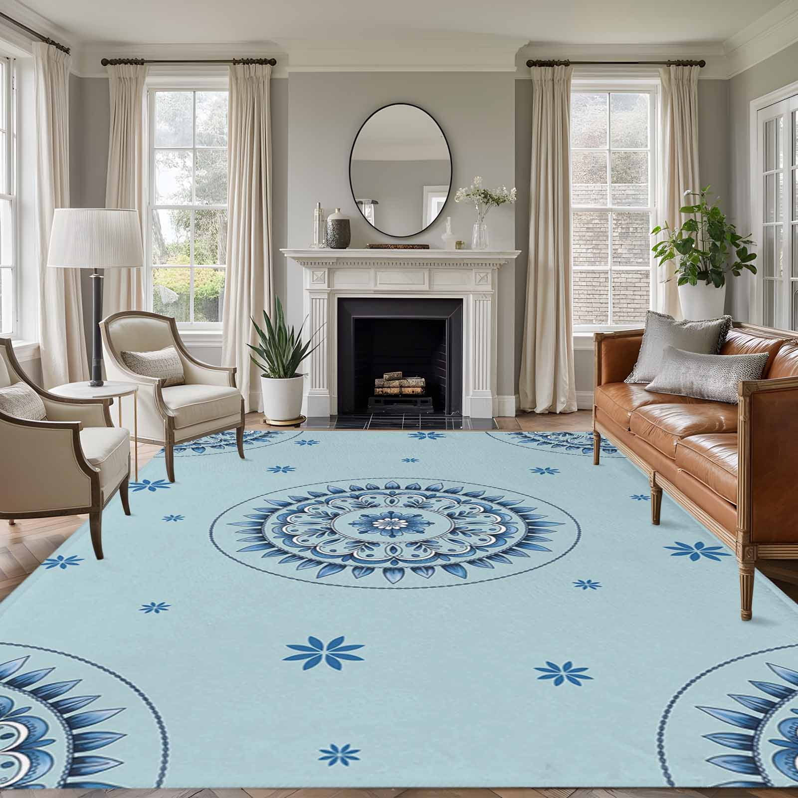 5x7 Area Rugs for Living Room, Blue Floral Non Slip Area Rugs for ...