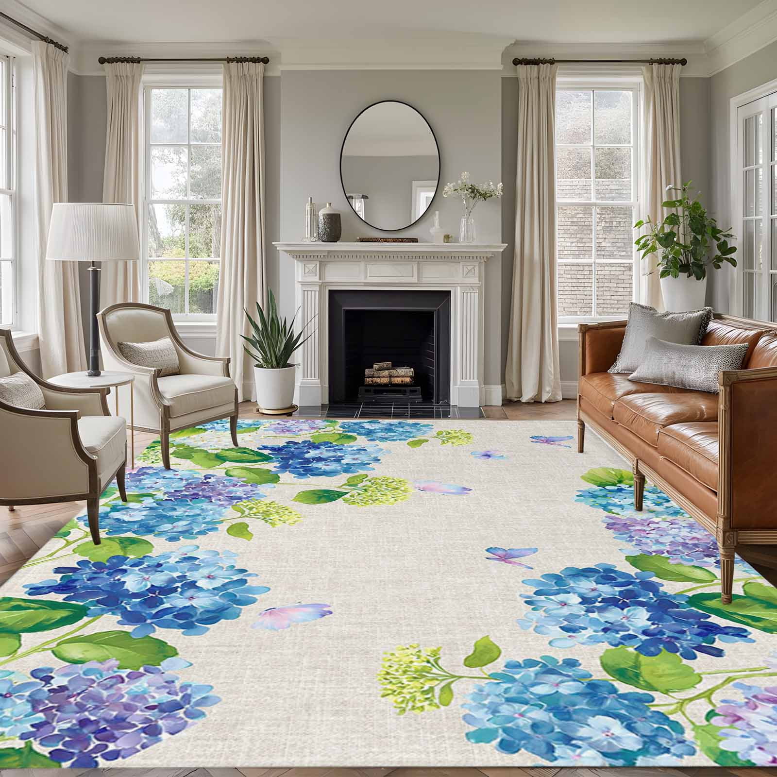 5x7 Area Rugs for Living Room, Blue Hydrangea Non Slip Area Rugs for ...
