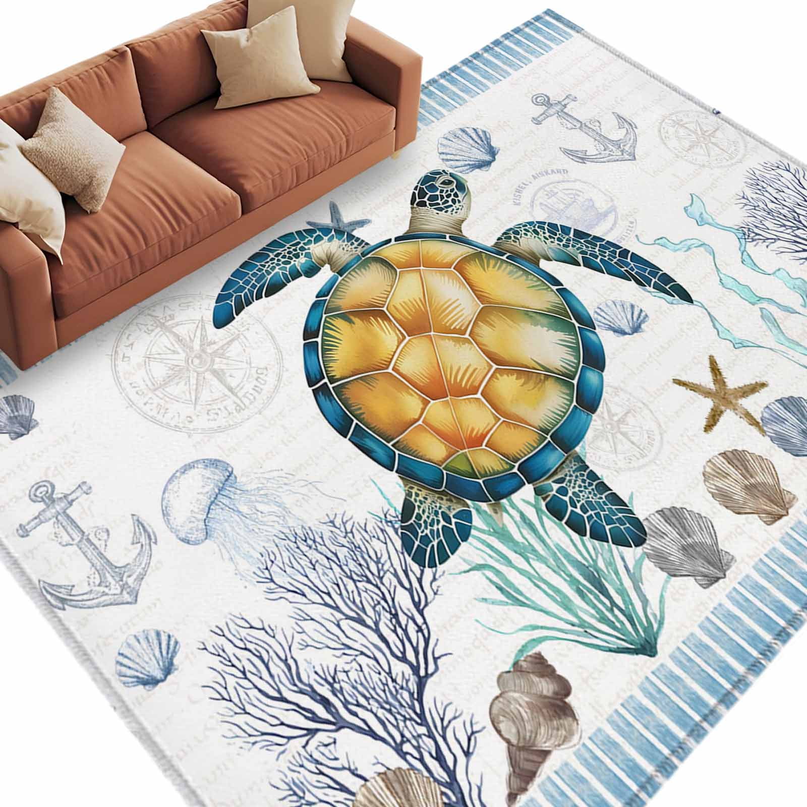 5x7 Area Rugs for Living Room, Coastal Turtle Non Slip Area Rugs for ...