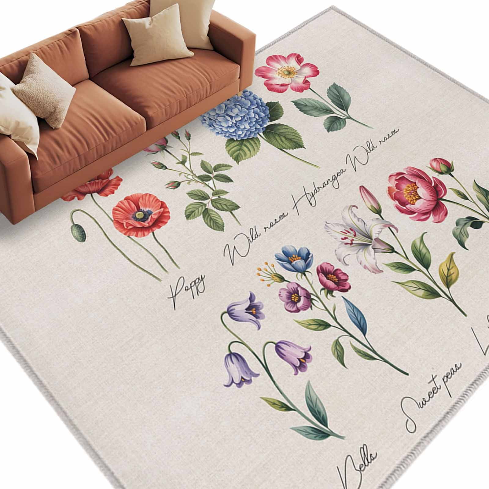 5x7 Area Rugs for Living Room, Colorful Flowers Non Slip Area Rugs for ...