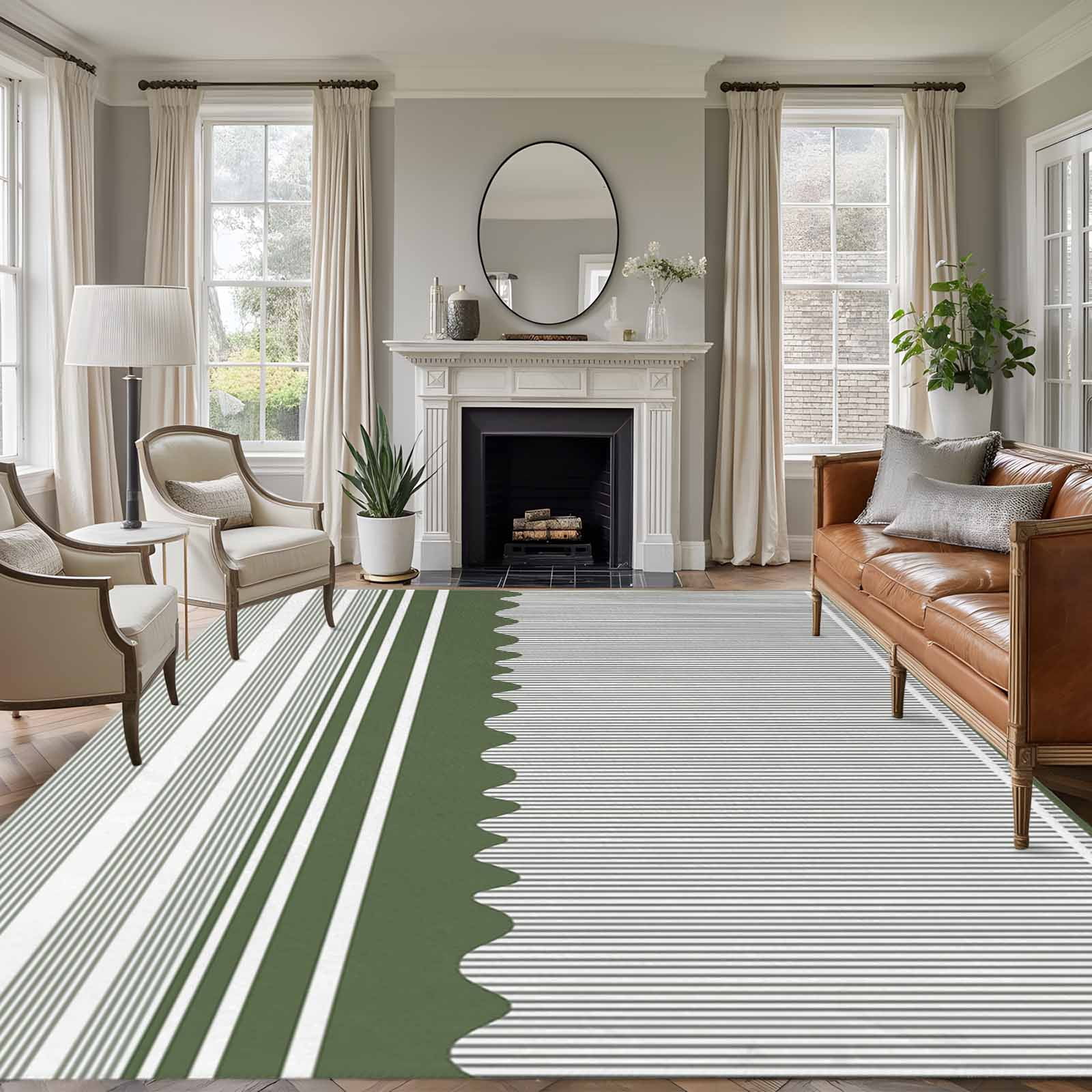 5x7 Area Rugs for Living Room, Dark Green Striped Non Slip Area Rugs ...