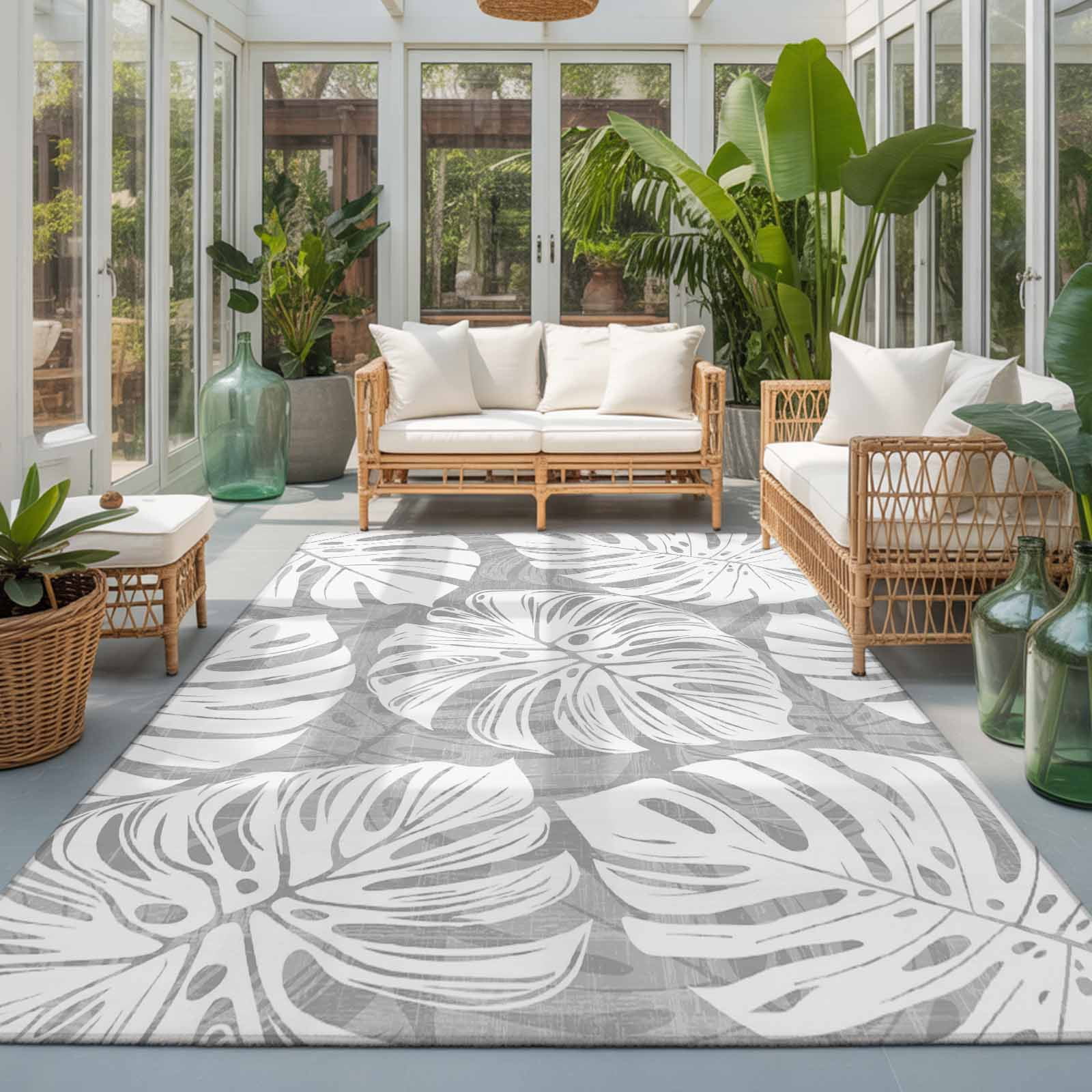 5x7 Area Rugs for Living Room, Gery Monstera Deliciosa Non Slip Area ...