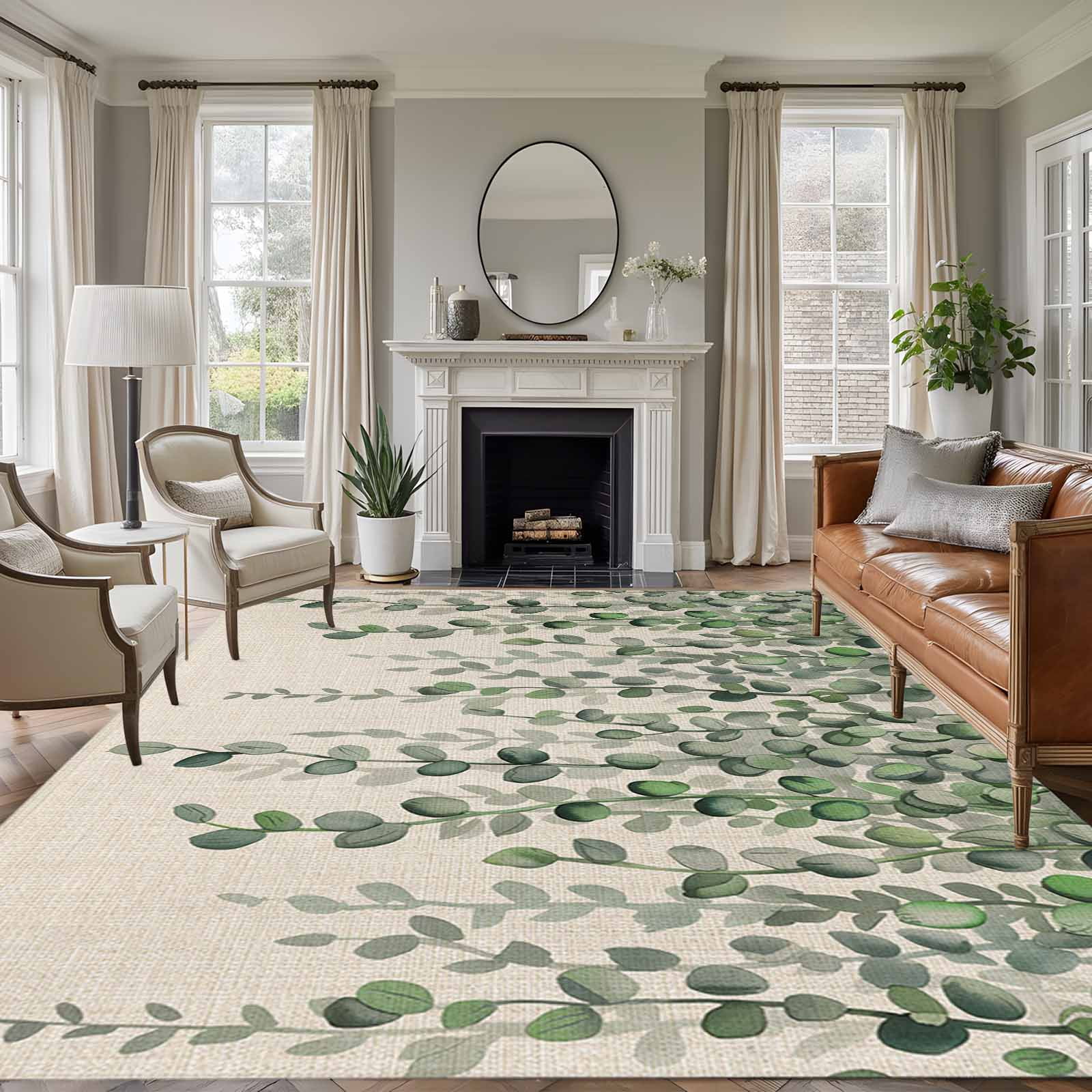 5x7 Area Rugs for Living Room, Green Eucalyptus Leaves Non Slip Area ...