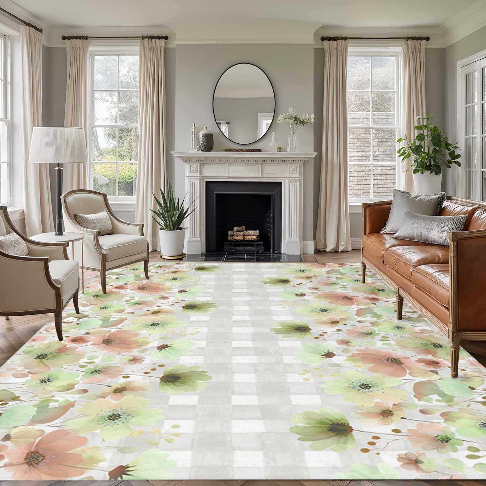 5x7 Area Rugs for Living Room, Green Floral Non Slip Area Rugs for ...