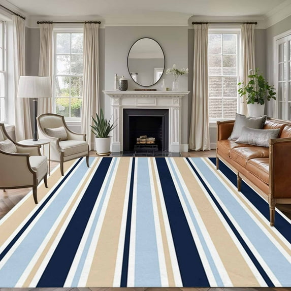 5x7 Area Rugs for Living Room, Navy Blue Khaki Striped Non Slip Area ...