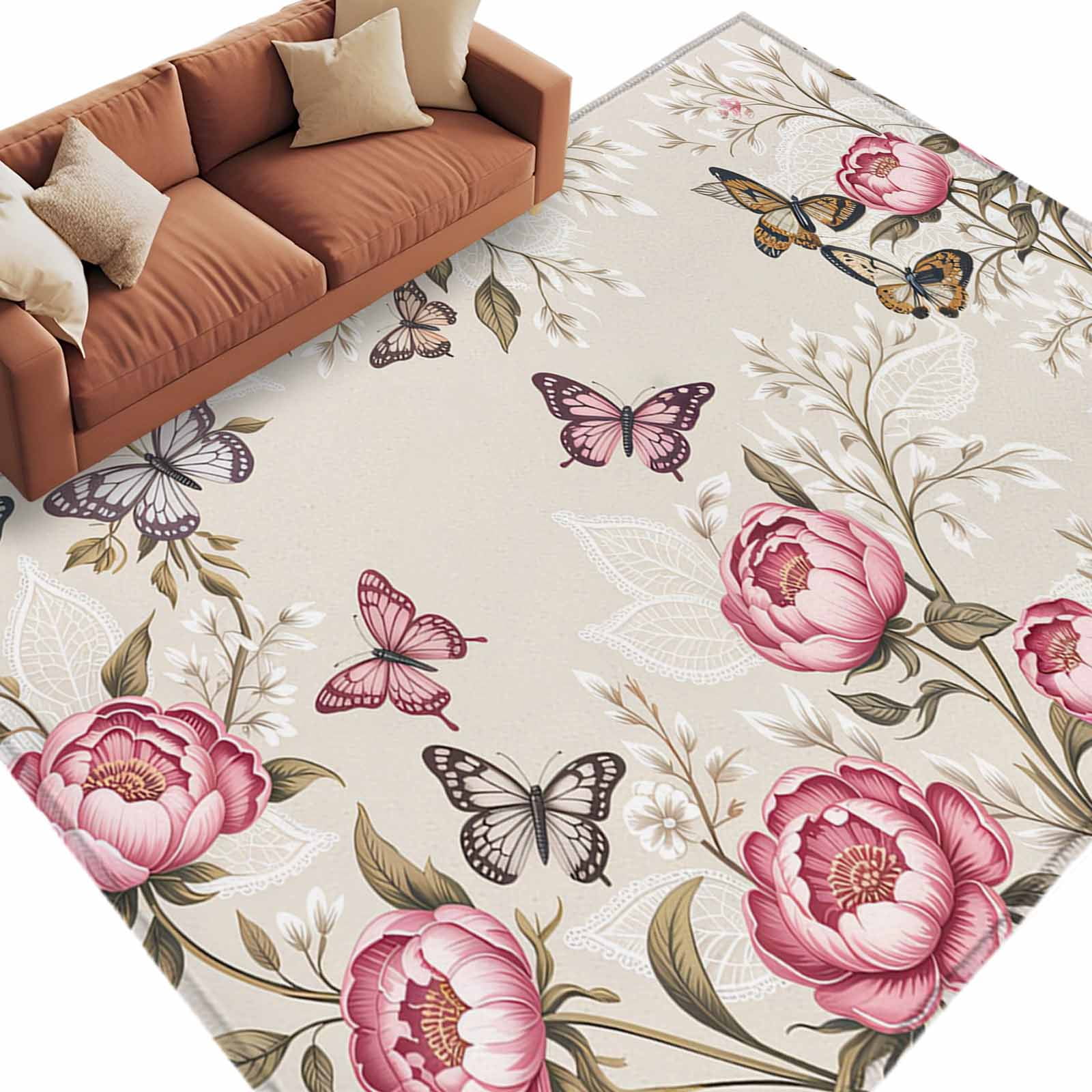 5x7 Area Rugs for Living Room, Pink Spring Floral Non Slip Area Rugs ...