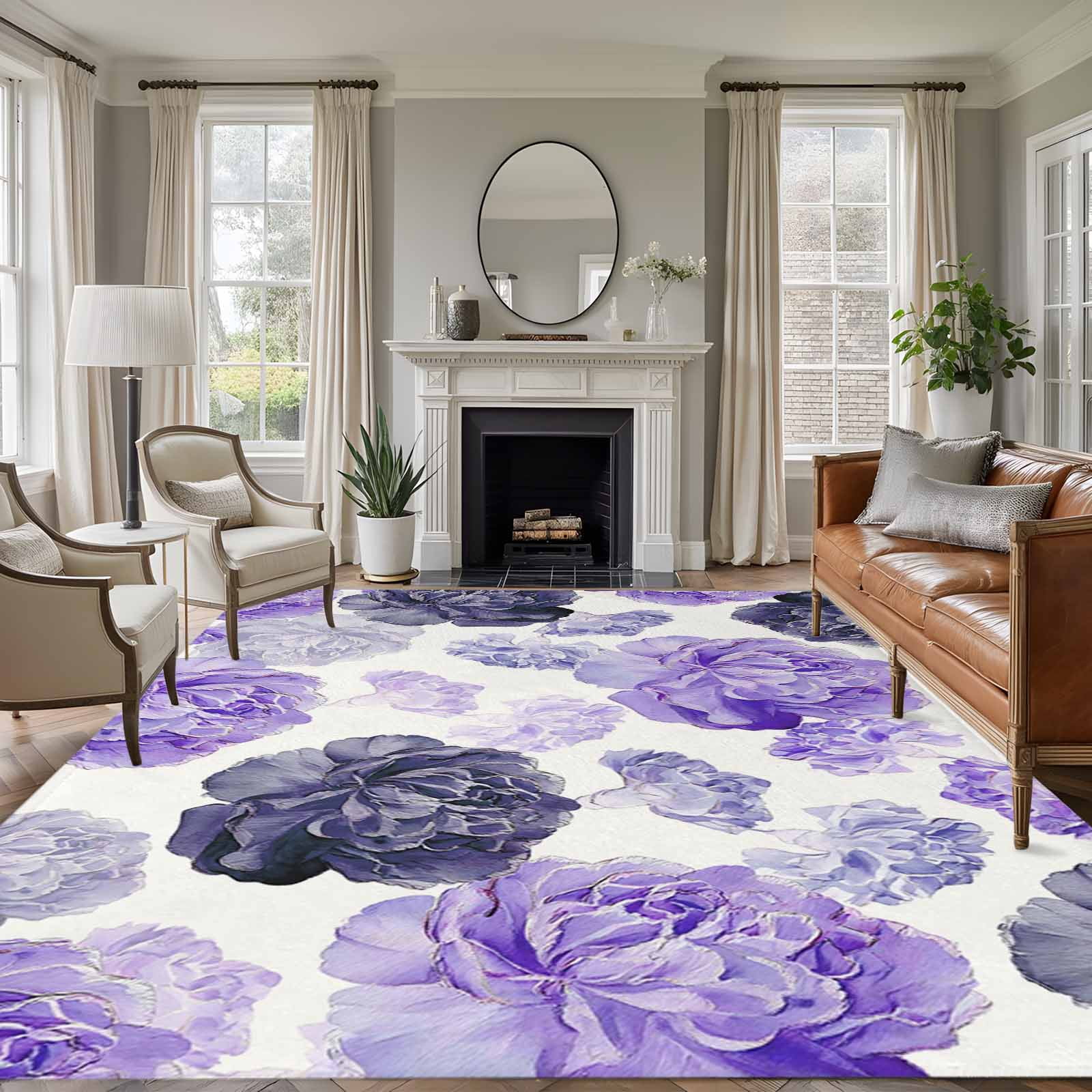 5x7 Area Rugs for Living Room, Purple Ombre Spring Floral Non Slip Area ...