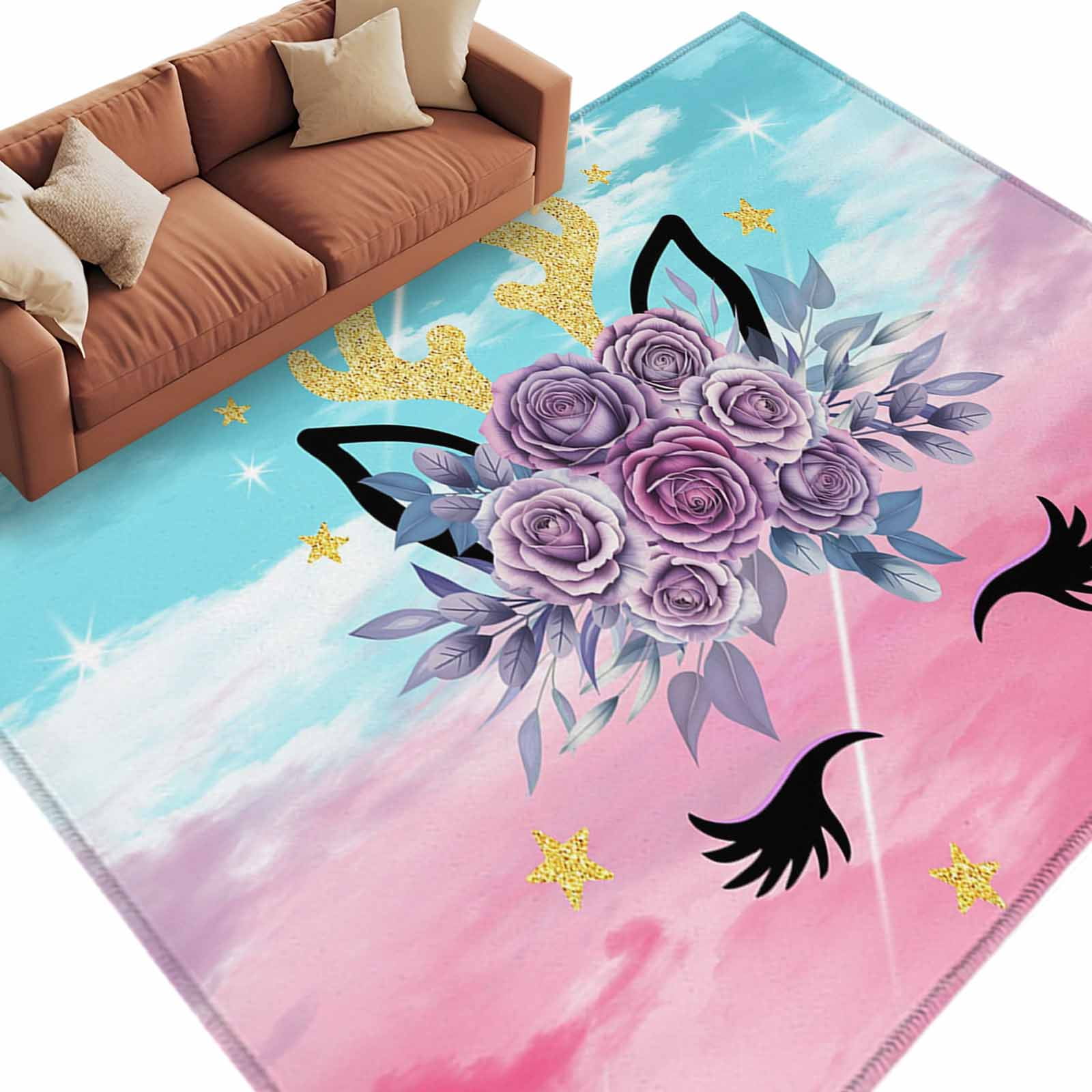 5x7 Area Rugs for Living Room, Purple Rose Antlers Non Slip Area Rugs ...