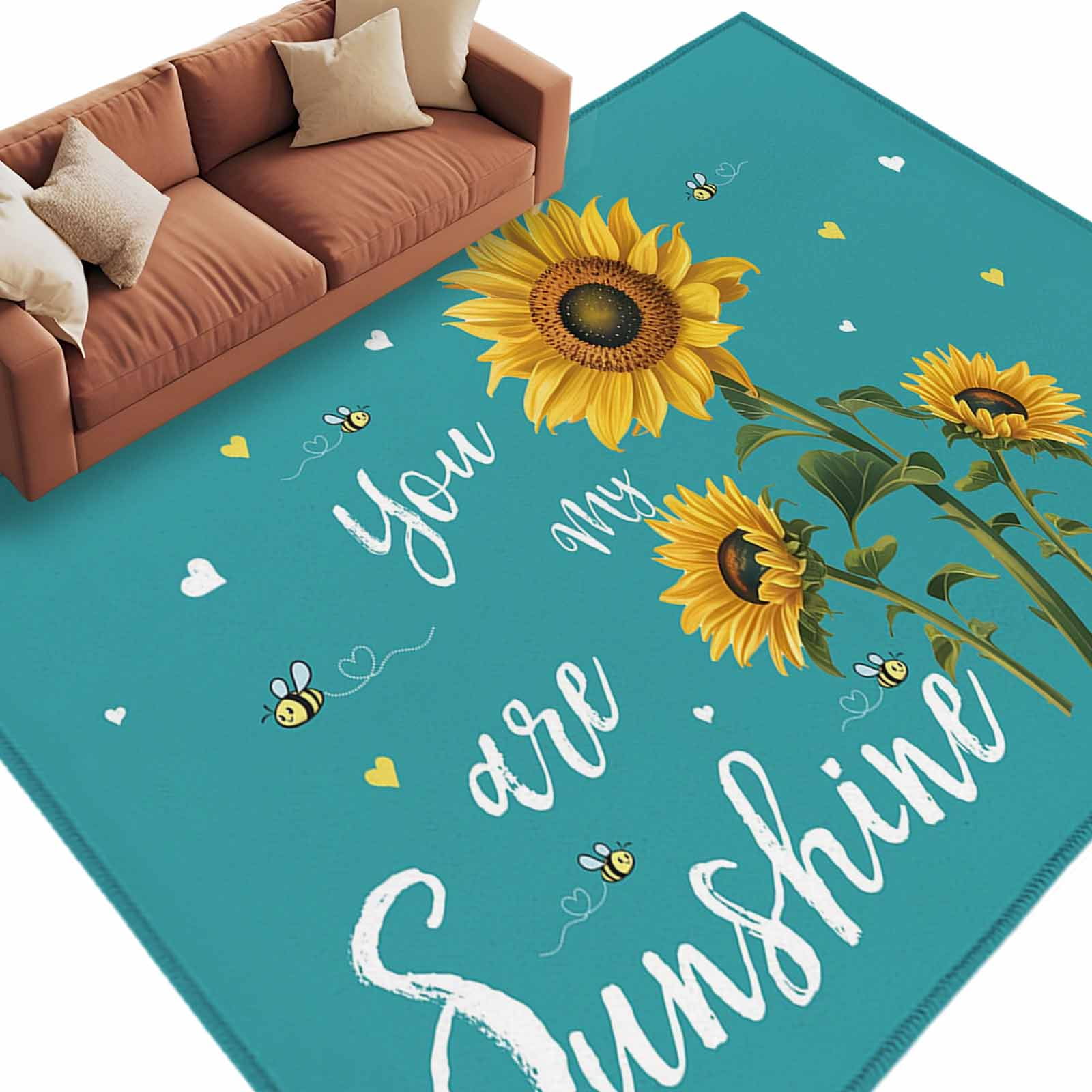 5x7 Area Rugs for Living Room, Teal Sunshine Sunflower Non Slip Area ...