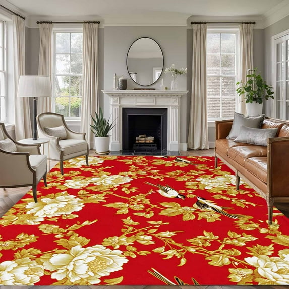 5x7 Area Rugs for Living Room, Yellow Red Flowers Non Slip Area Rugs ...