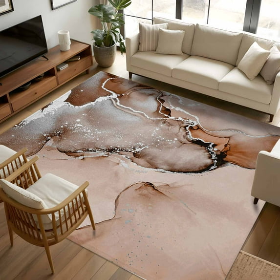 5x7 Area Rugs, Marble Brown Non-Skid Rubber Backing Large Rectangle ...