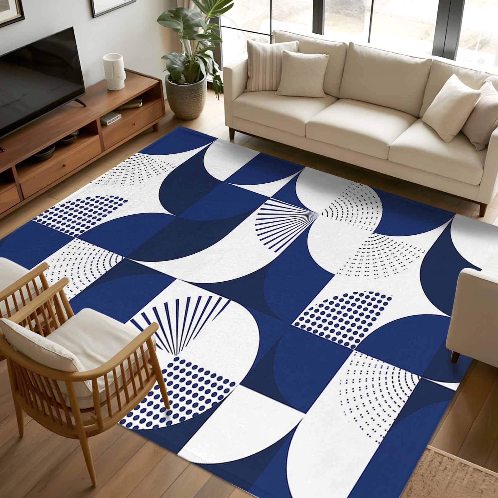 5x7 Area Rugs, Navy Blue Geometric Non-Skid Rubber Backing Large ...