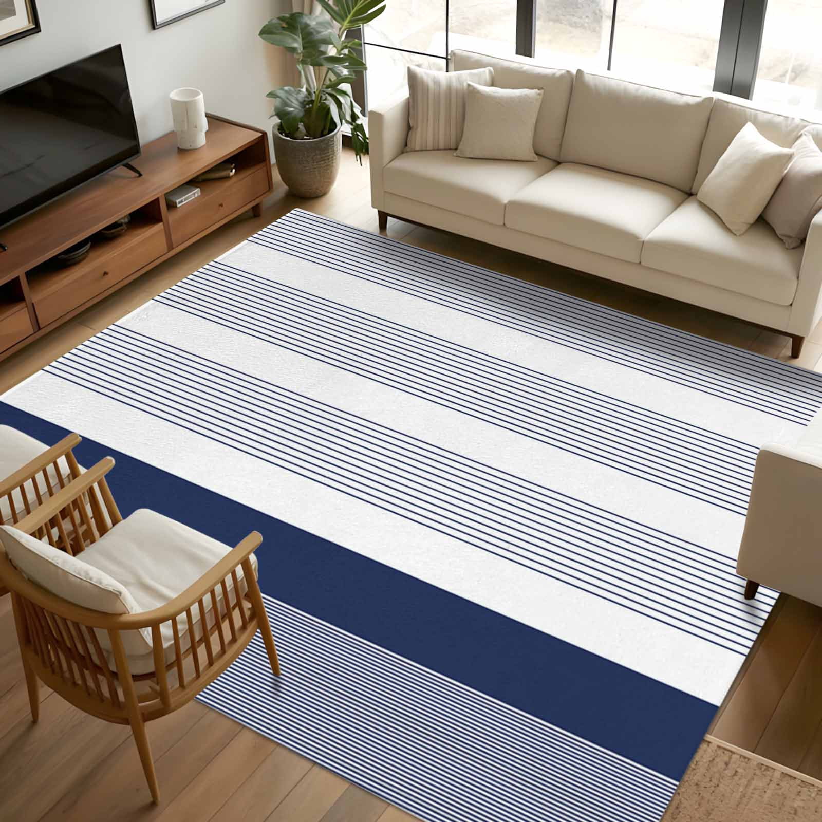 5x7 Area Rugs, Navy Blue Stripe Non-Skid Rubber Backing Large Rectangle ...