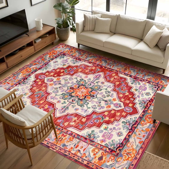 5x7 Area Rugs, Orange Red Boho Non-Skid Rubber Backing Large Rectangle ...