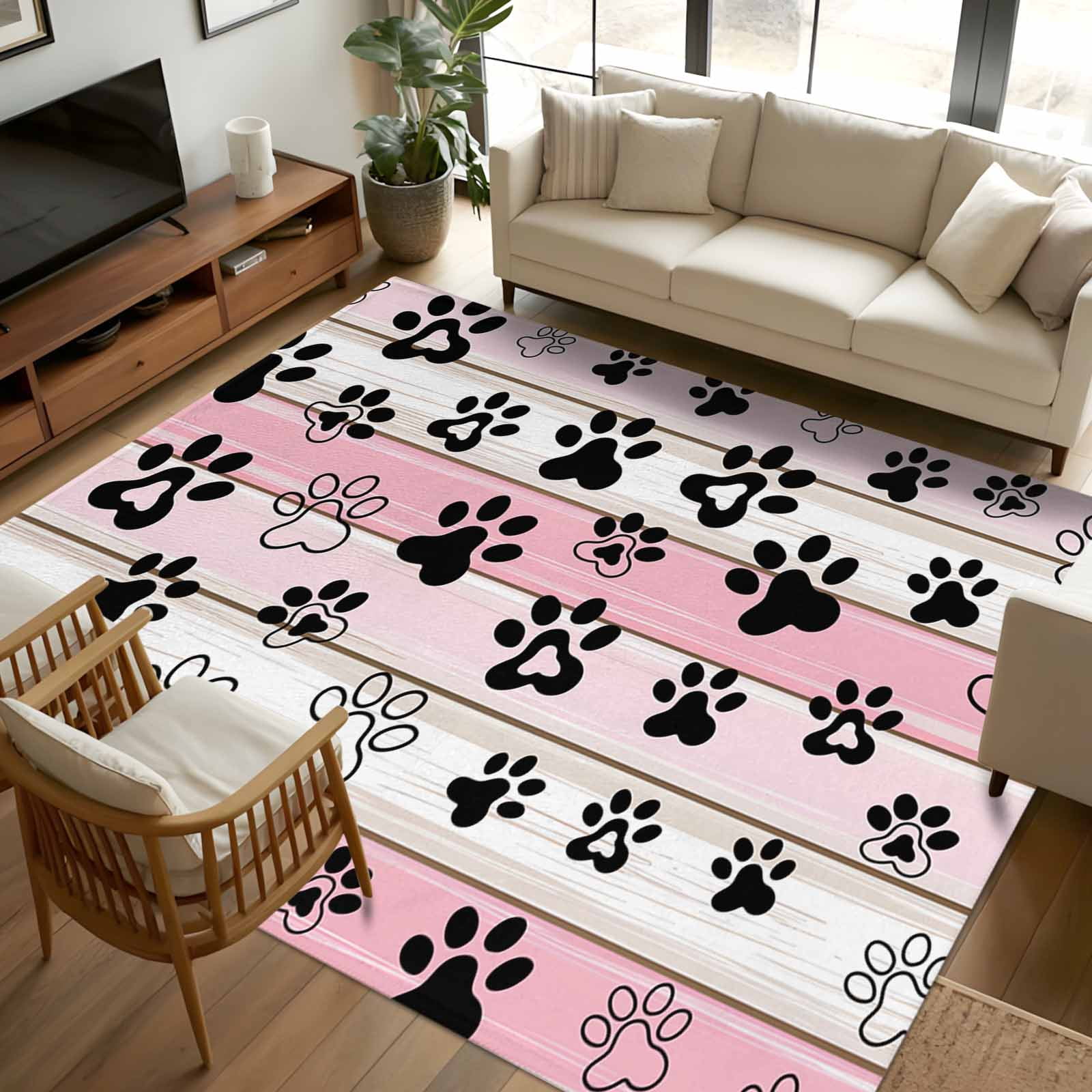 5x7 Area Rugs, Pink Beige Paw Print Non-Skid Rubber Backing Large ...