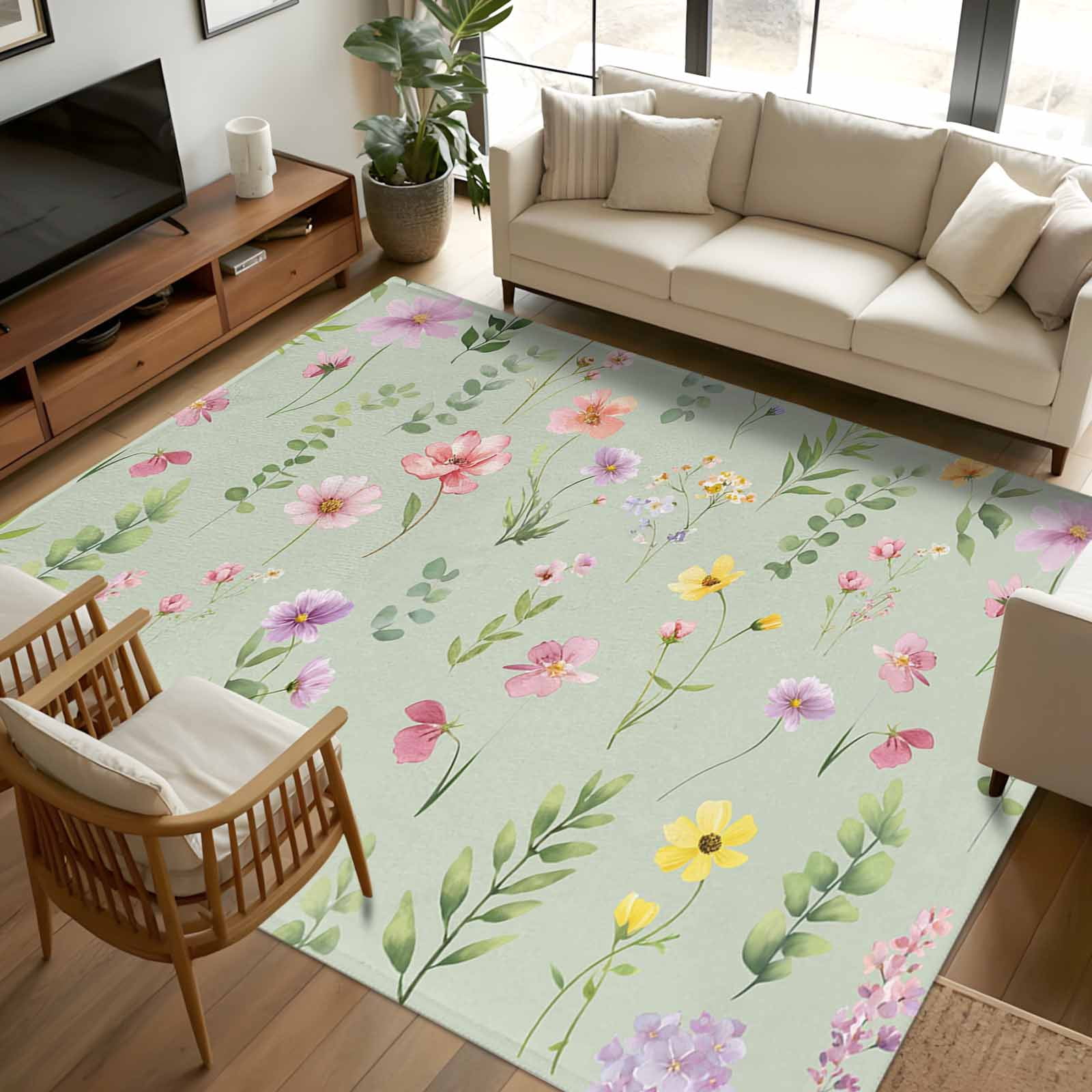 5x7 Area Rugs, Pink Spring Floral Non-Skid Rubber Backing Large ...