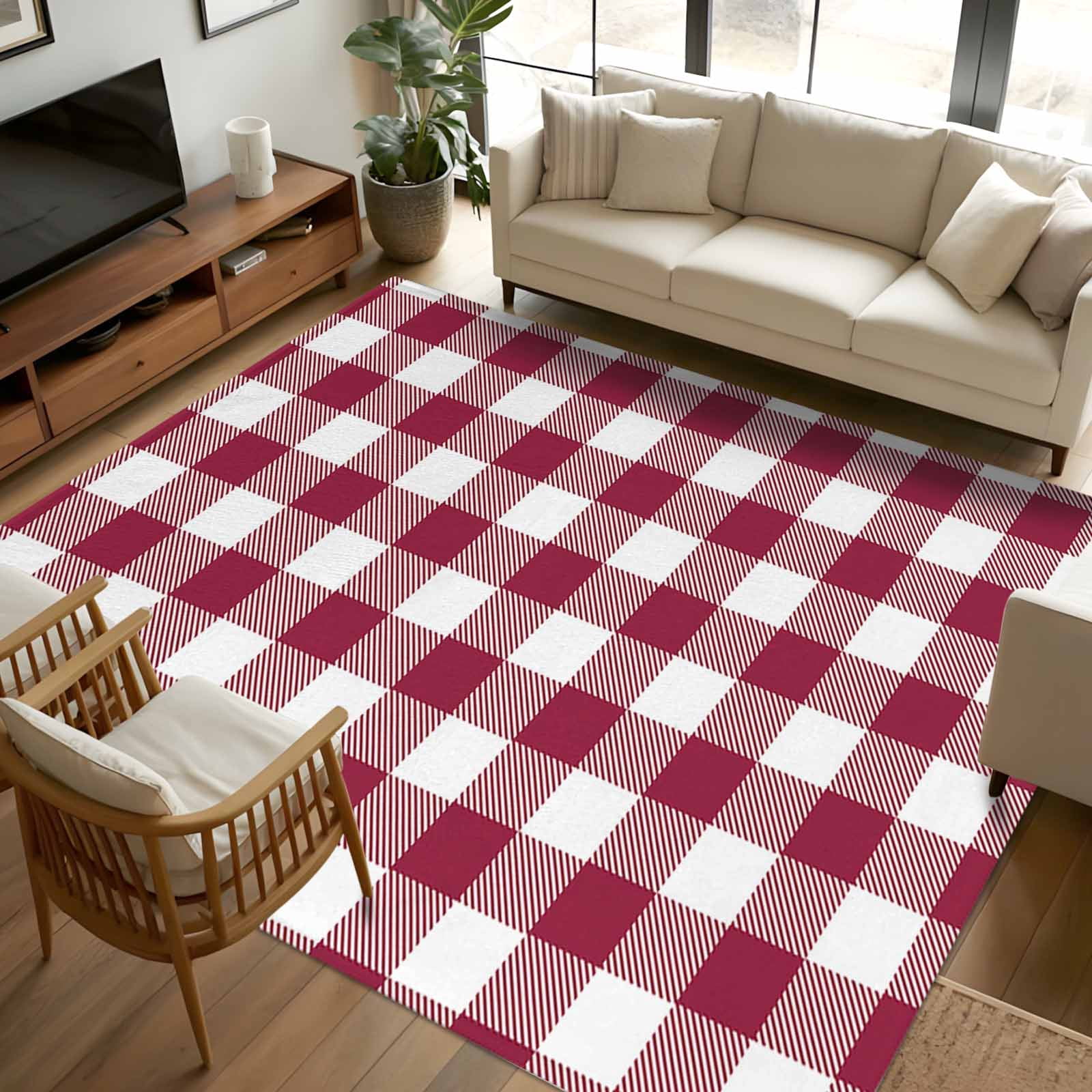 5x7 Area Rugs, Plaid Red, Non-Skid Rubber Backing Large Rectangle Rugs ...
