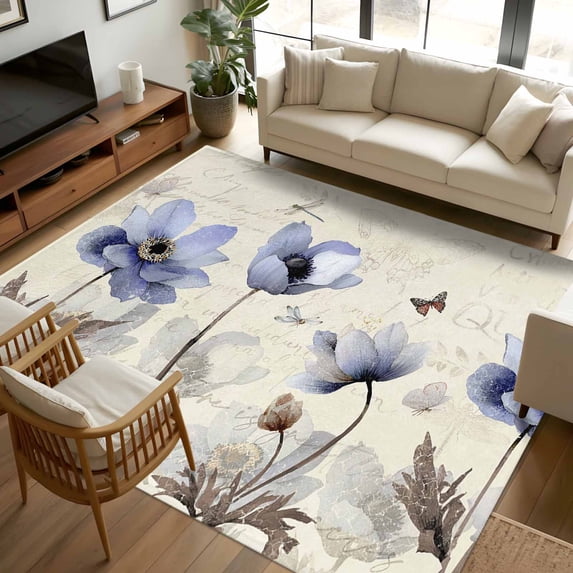 5x7 Area Rugs, Purple Spring Floral Non-Skid Rubber Backing Large ...