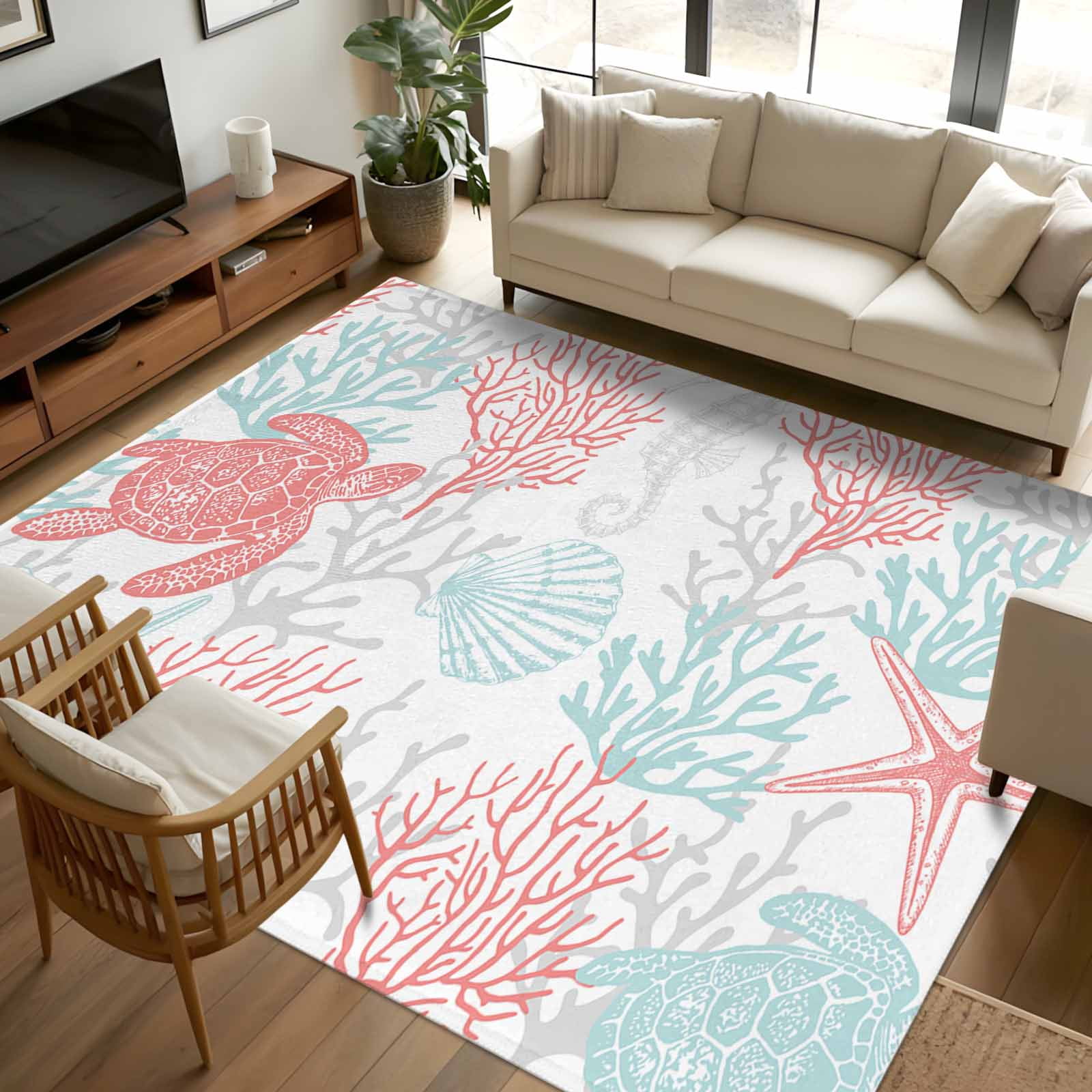 5x7 Area Rugs, Red Aqua Coastal Non-Skid Rubber Backing Large Rectangle ...