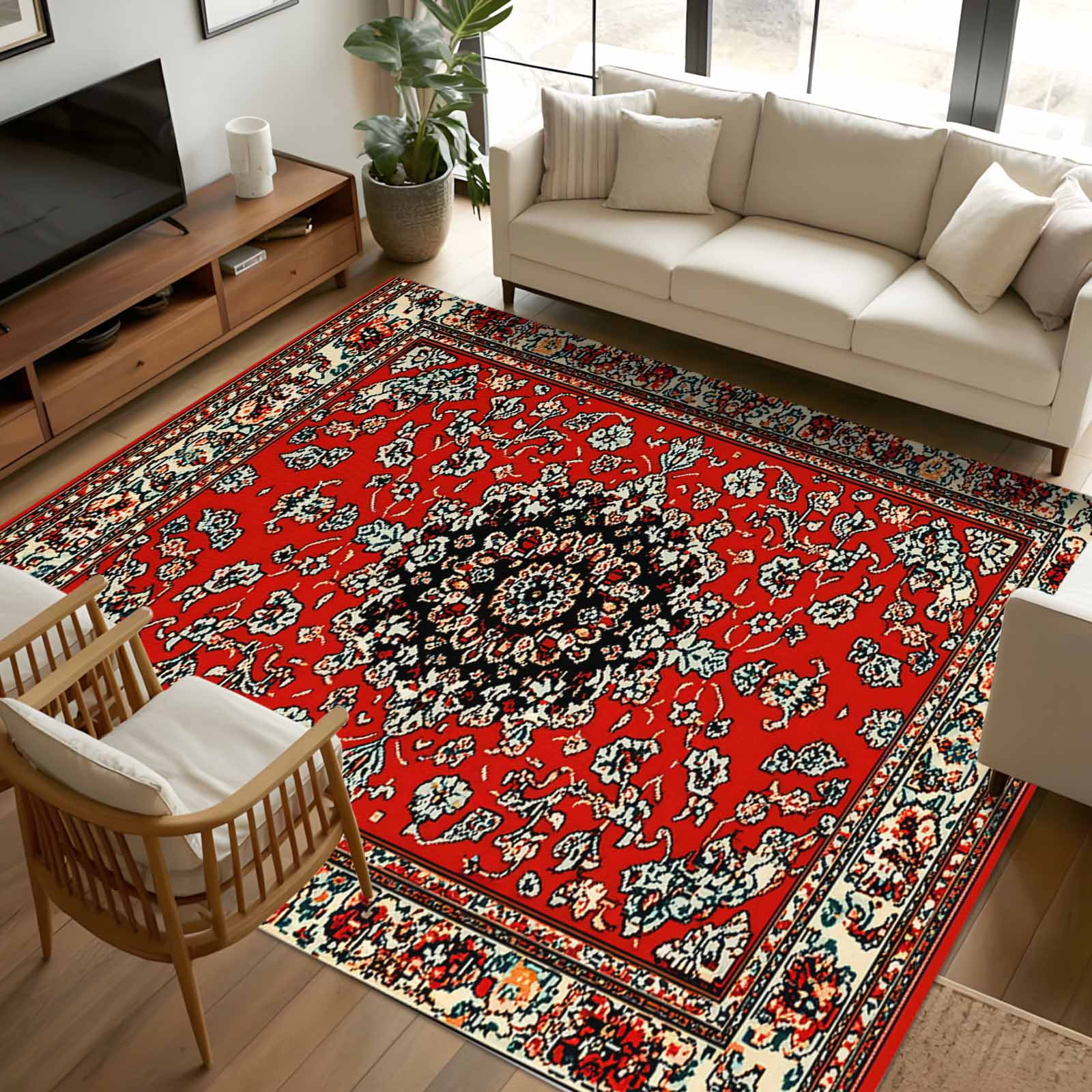 5x7 Area Rugs, Red Bohemian Non-Skid Rubber Backing Large Rectangle ...