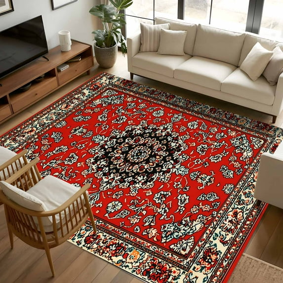 5x7 Area Rugs, Red Bohemian Non-Skid Rubber Backing Large Rectangle ...
