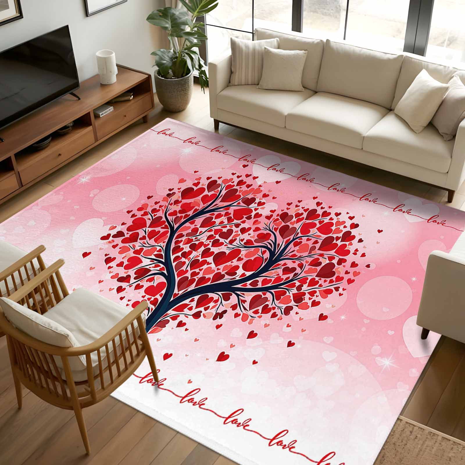 5x7 Area Rugs, Red Love Heart Tree Valentines Non-Skid Rubber Backing ...