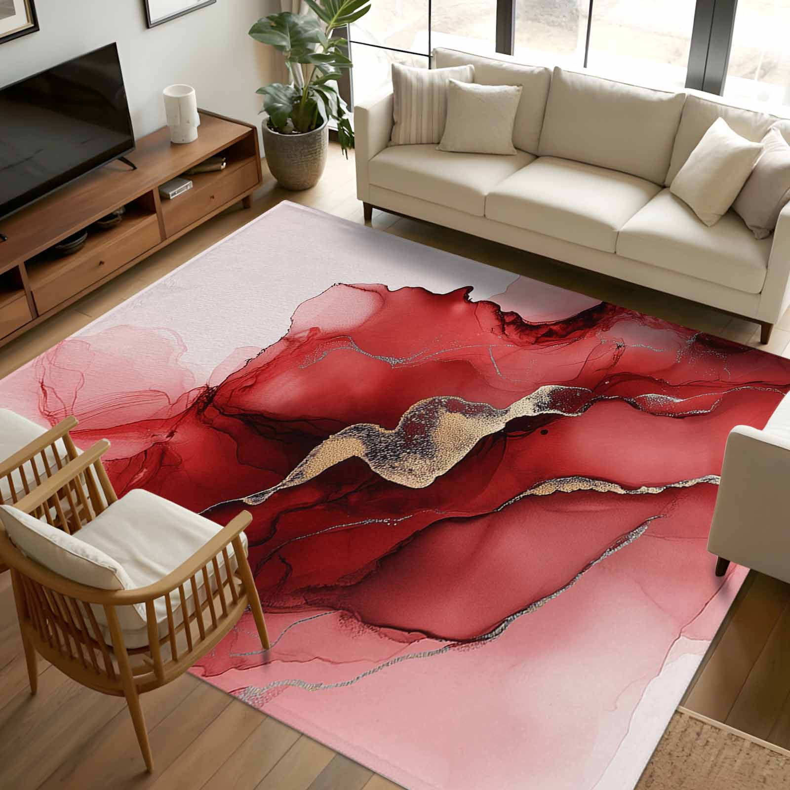 5x7 Area Rugs, Red Marble Non-Skid Rubber Backing Large Rectangle Rugs ...