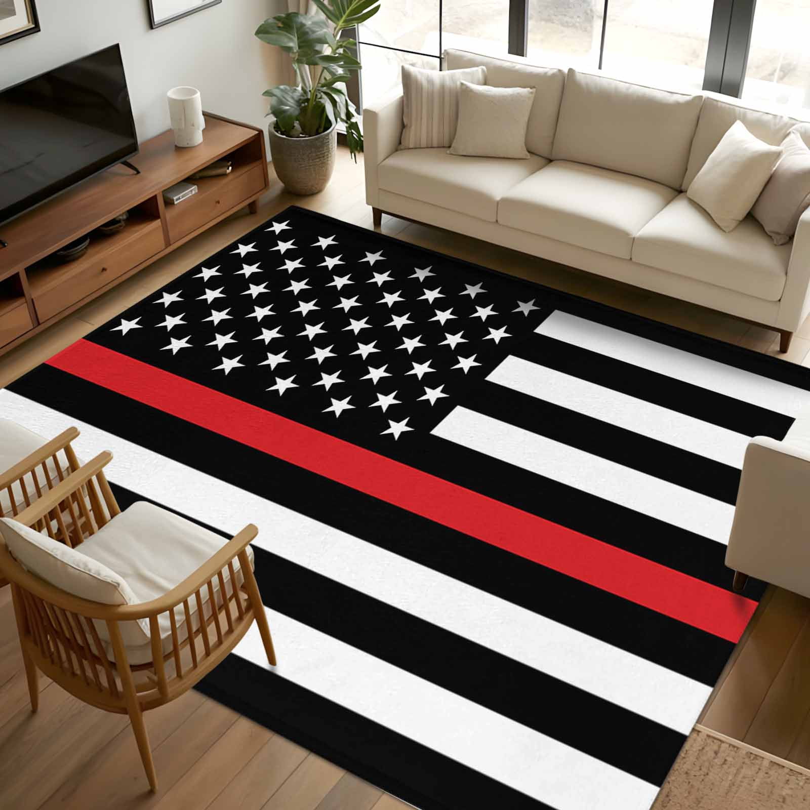 5x7 Area Rugs, Red White Stripe Fireman American Flag Non-Skid Rubber ...