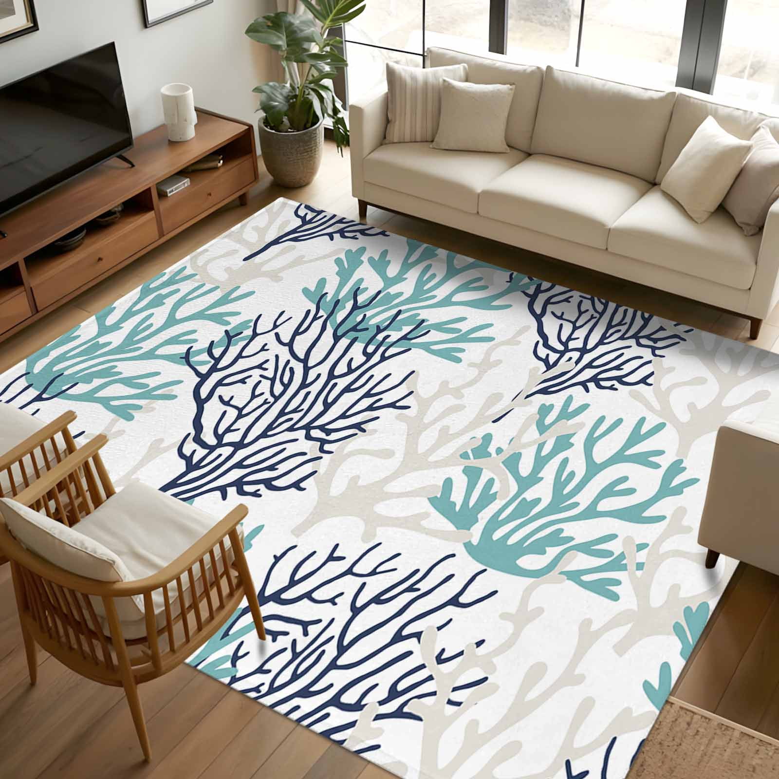 5x7 Area Rugs, Teal Blue Grey Coral Coastal Non-Skid Rubber Backing ...