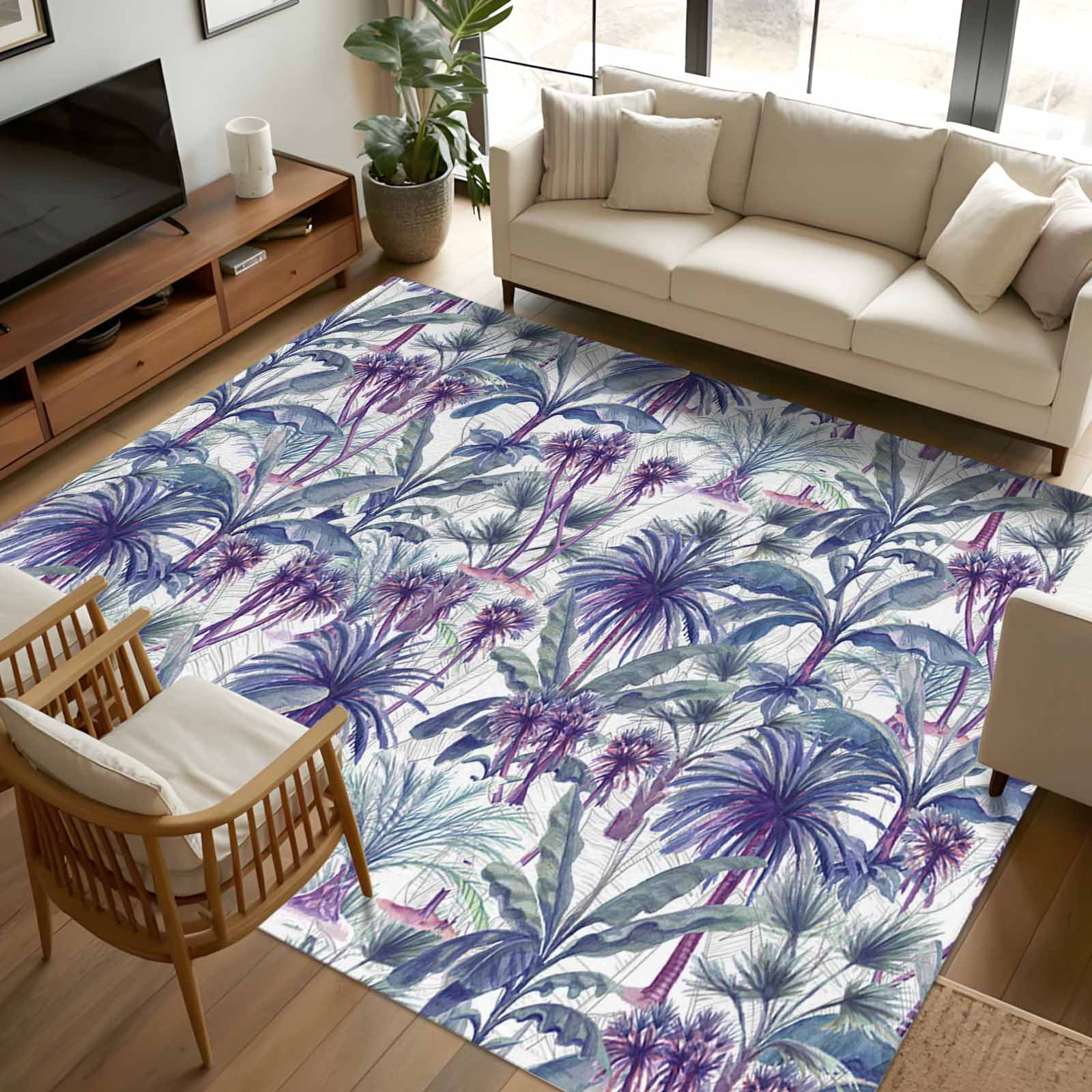 5x7 Area Rugs, Teal Purple Palm Trees Non-Skid Rubber Backing Large ...