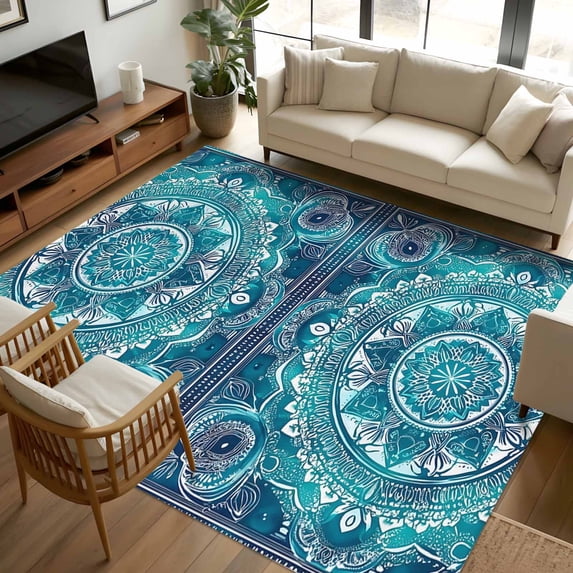 5x7 Area Rugs, Turquoise Boho Non-Skid Rubber Backing Large Rectangle ...