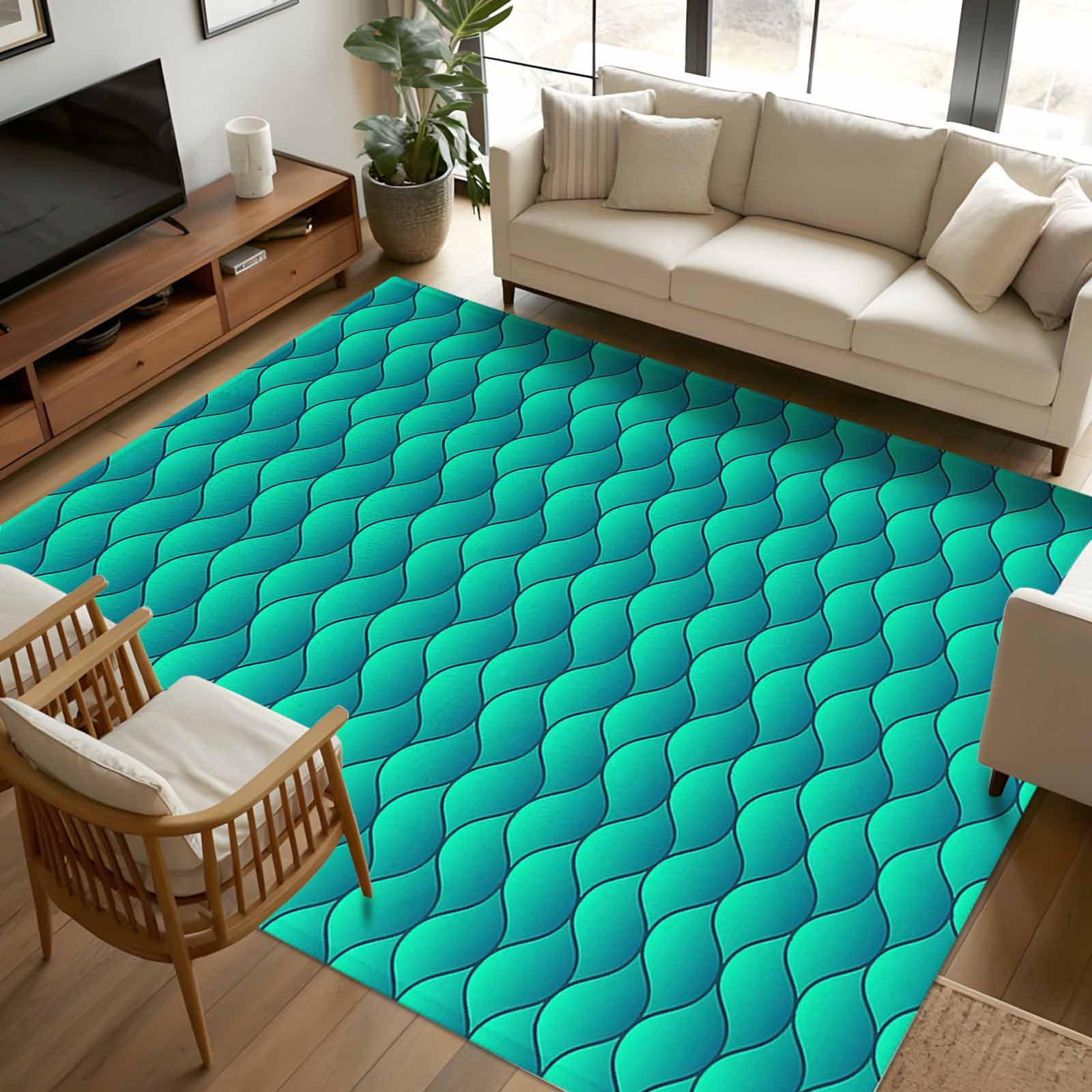 5x7 Area Rugs, Turquoise Geometric Non-Skid Rubber Backing Large ...