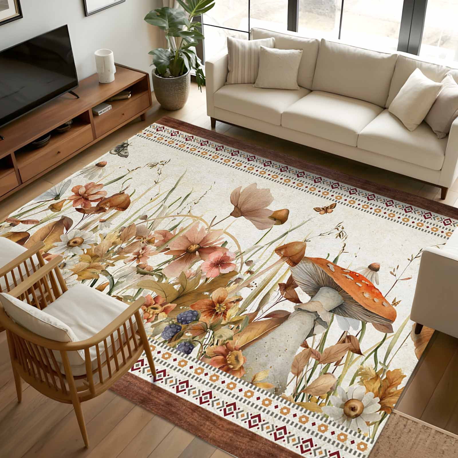 5x7 Area Rugs, Vintage Mushroom Non-Skid Rubber Backing Large Rectangle ...