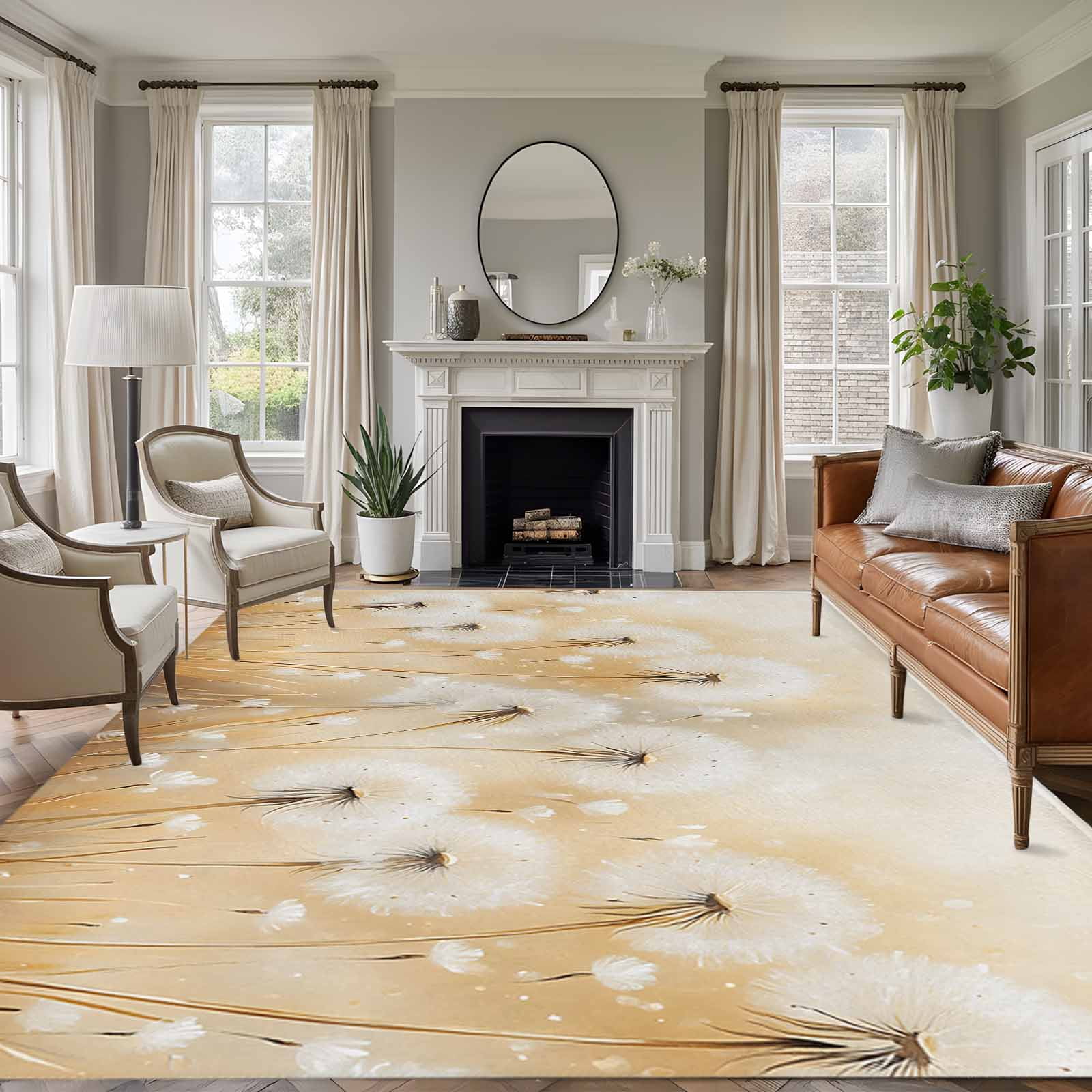 5x7 Area Rugs, White Dandelion Non-Skid Rubber Backing Large Rectangle ...