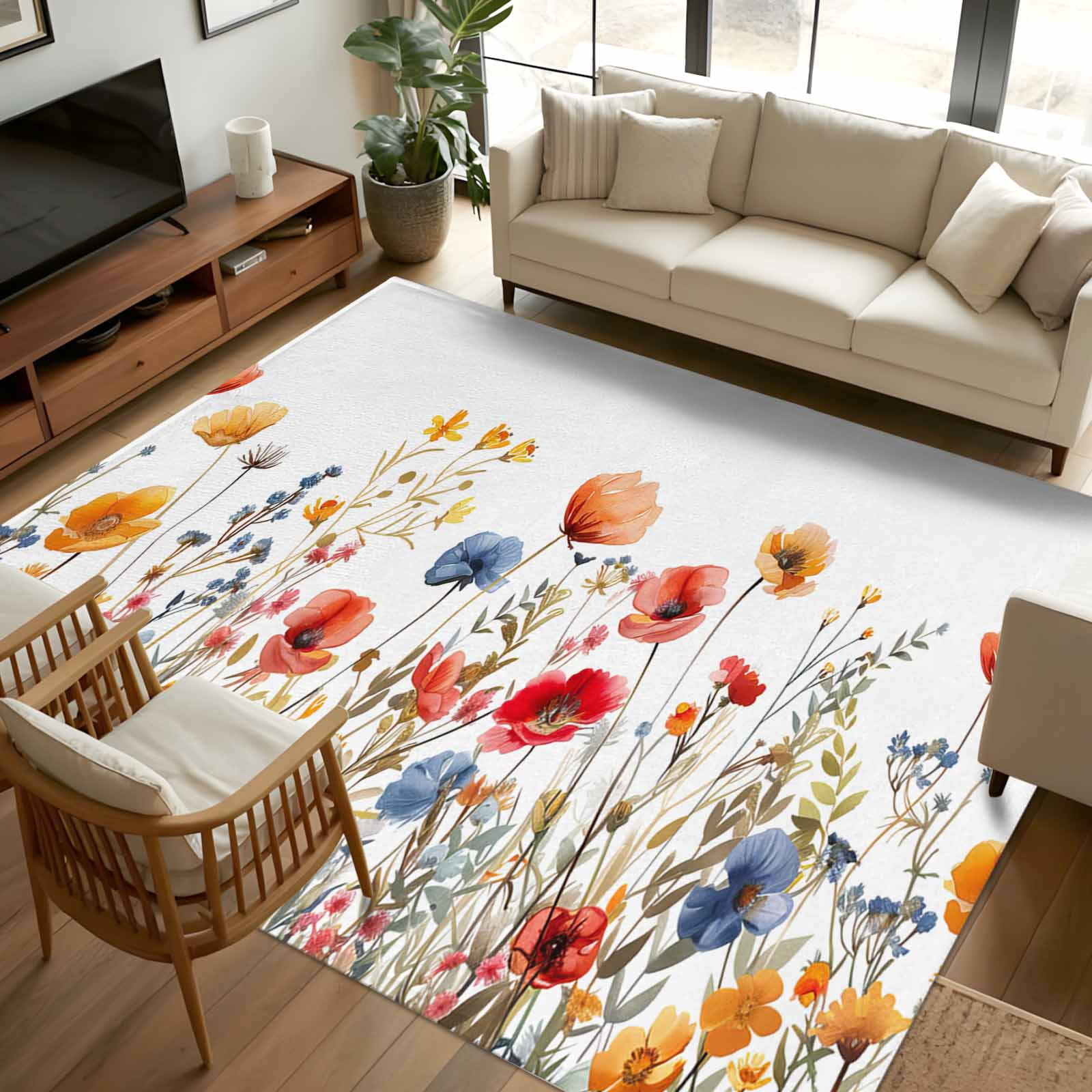 5x7 Area Rugs, Yellow Red Blue Spring Floral Non-Skid Rubber Backing ...