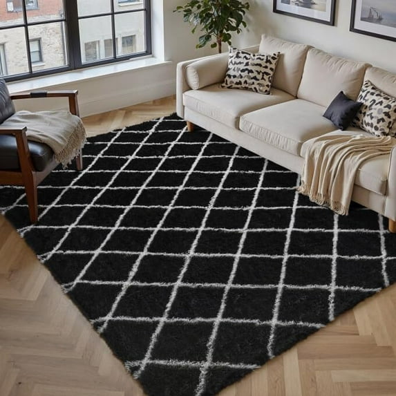 5x7 Checkered Rug for Living Room Black and White Modern Soft Area Rug ...