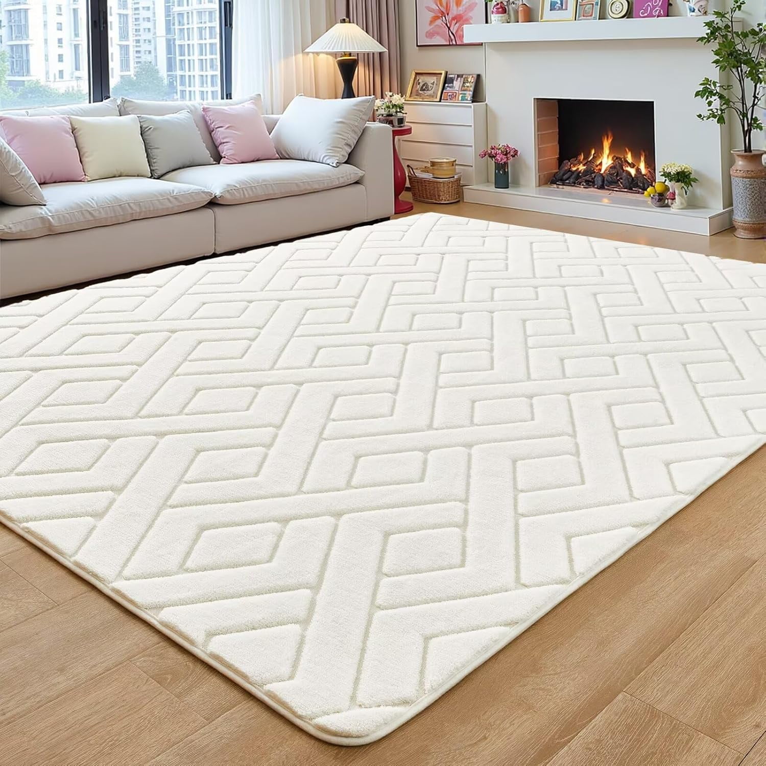 5x7 Cream Washable Area Rug for Bedroom Living Room, Modern Geometric ...